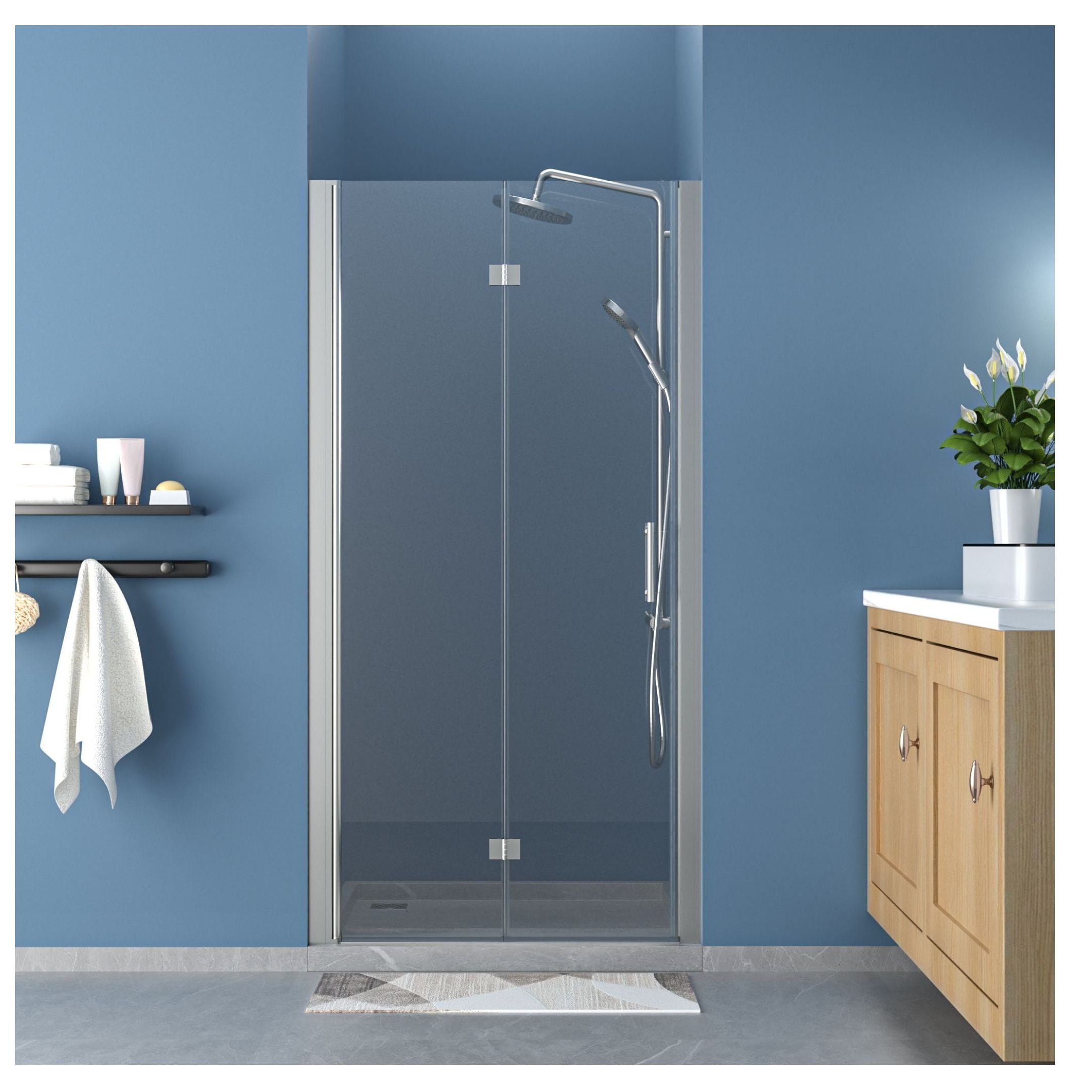 Frameless Foldable Hinged Shower Door with Reversible Installation, Clear Tempered Glass Pivot ...