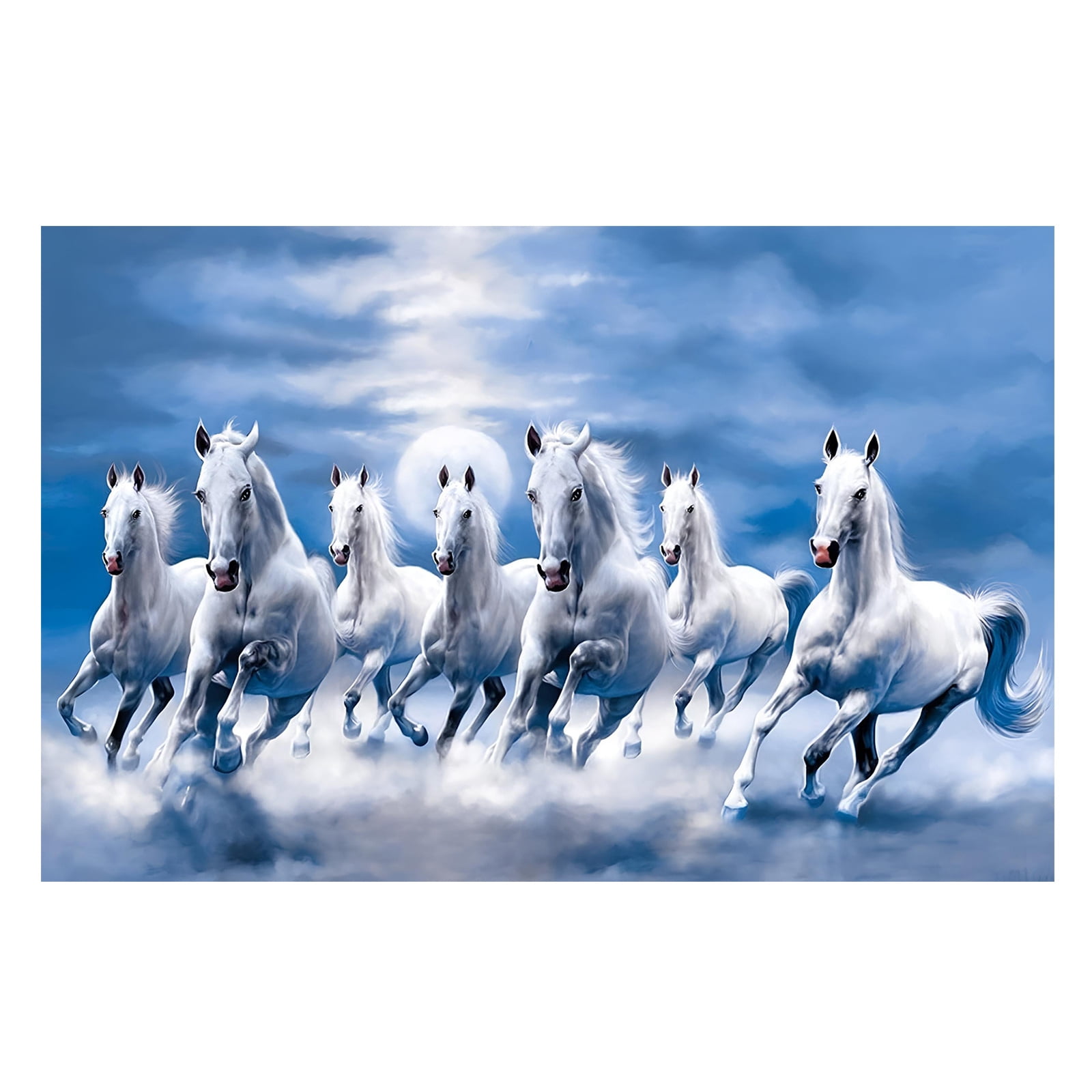 Frameless Lucky White Seven Horses Running Moonlight Wall Art, 12X18 ...