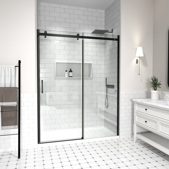 Frameless Shower Door, 56-60" W x 74" H Single Sliding Glass Door, With 5/16" Clear Tempered ...