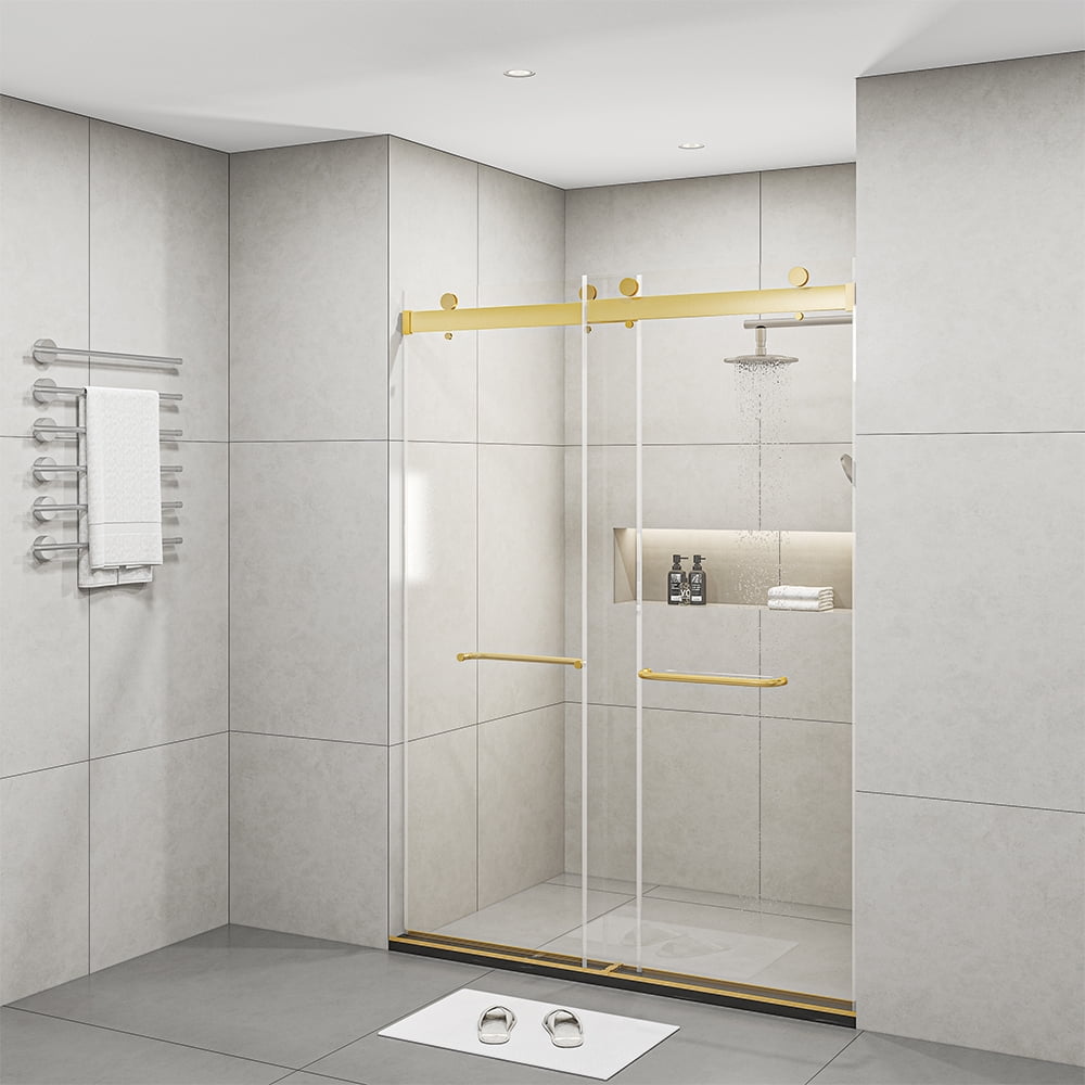 Frameless Sliding Glass Shower Doors, 60 x76 inch Glass Door with 3/8" Clear Tempered Glass ...