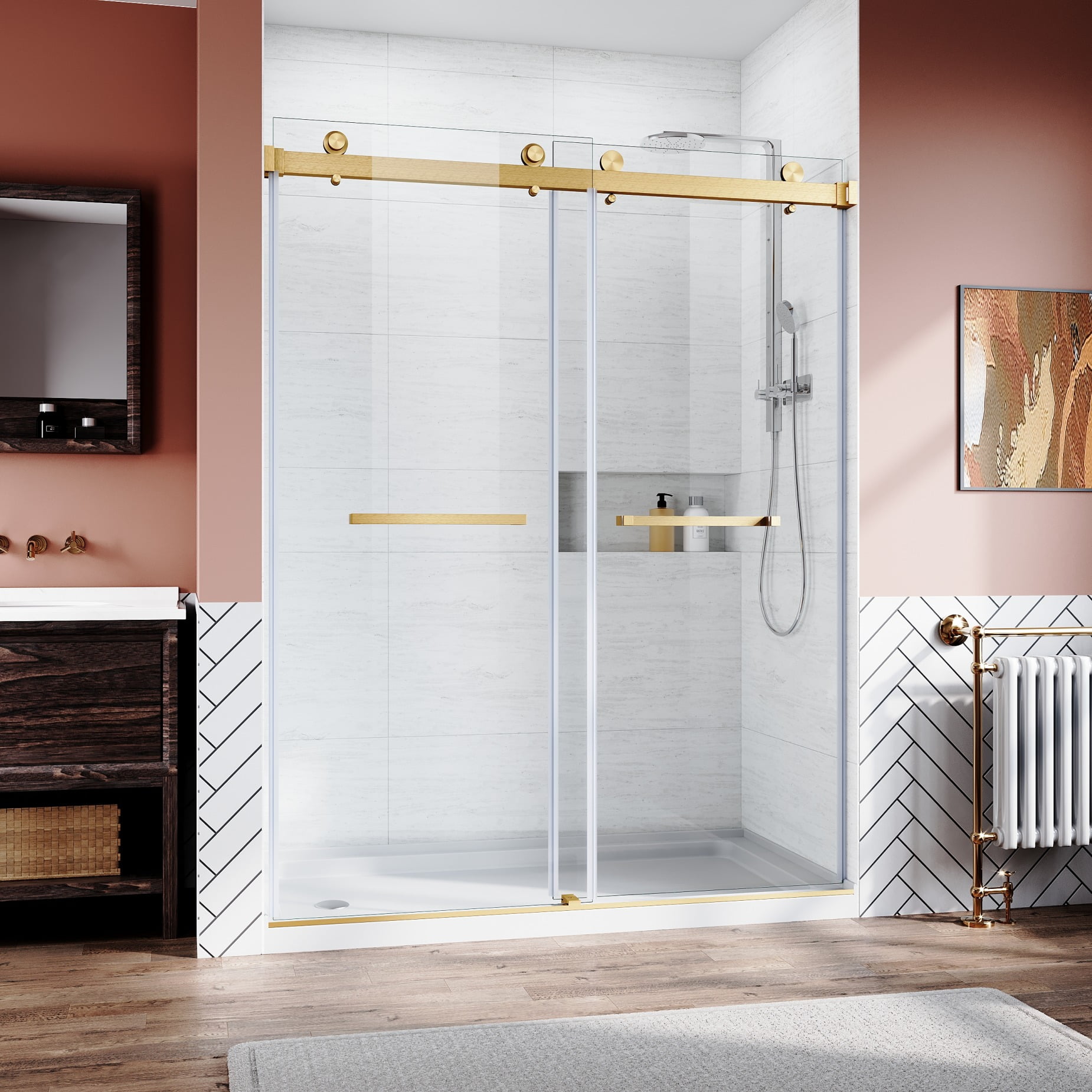 Frameless Sliding Shower Door 56-60" W x 76" H, 10mm Thick Tempered Glass, Heavy-Duty Brushed ...