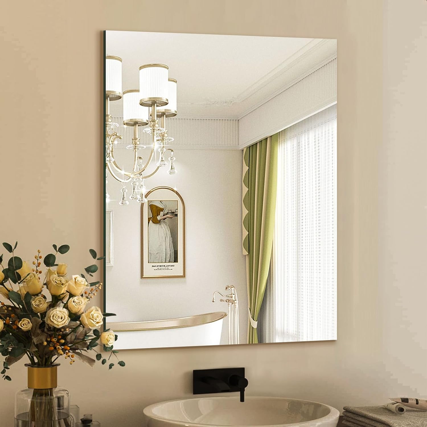 Frameless Wall Mirror, 24" x 32", Modern Rectangle Bathroom Mirror with ...