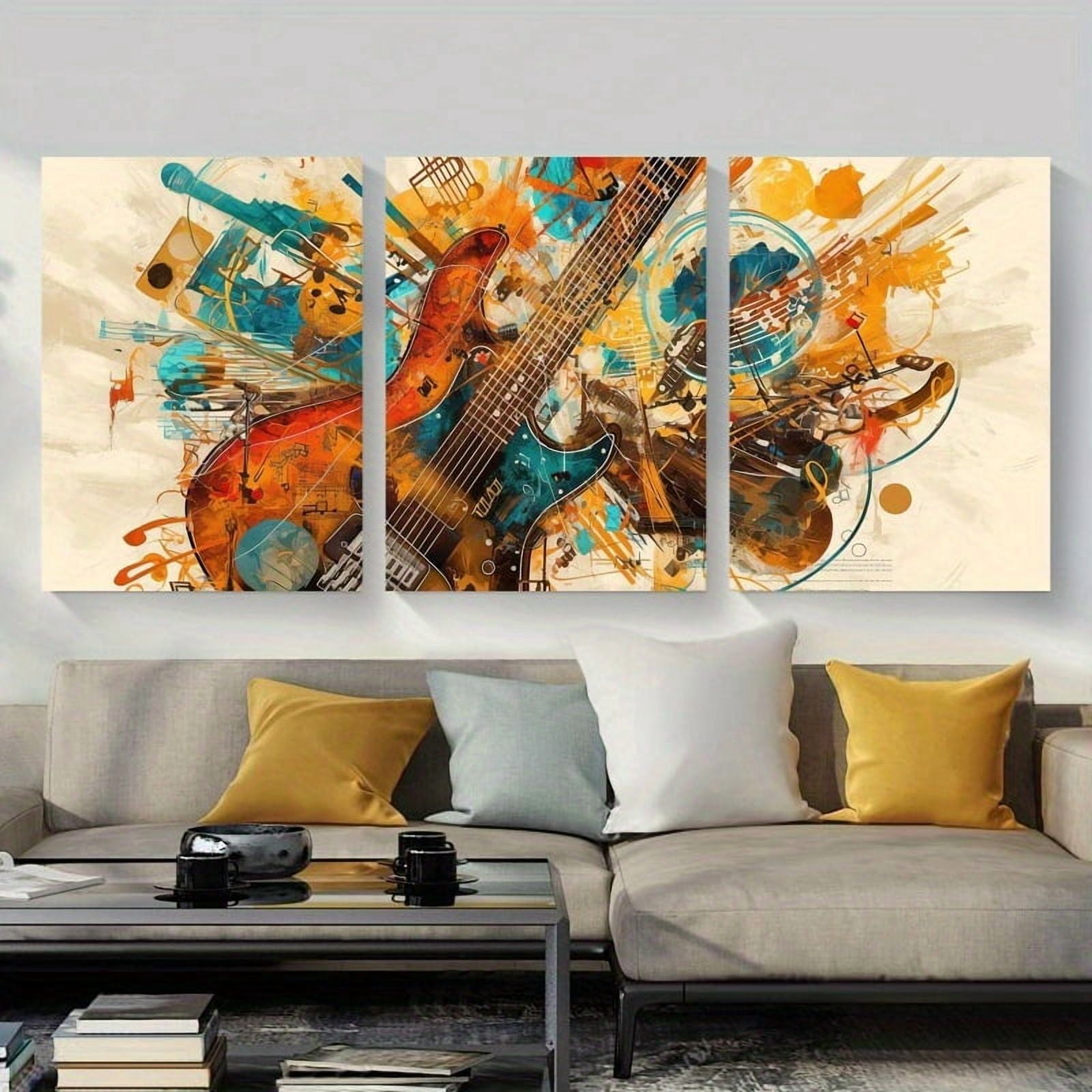 Frameless modern abstract music canvas art set - 3pcs: guitar, drum ...