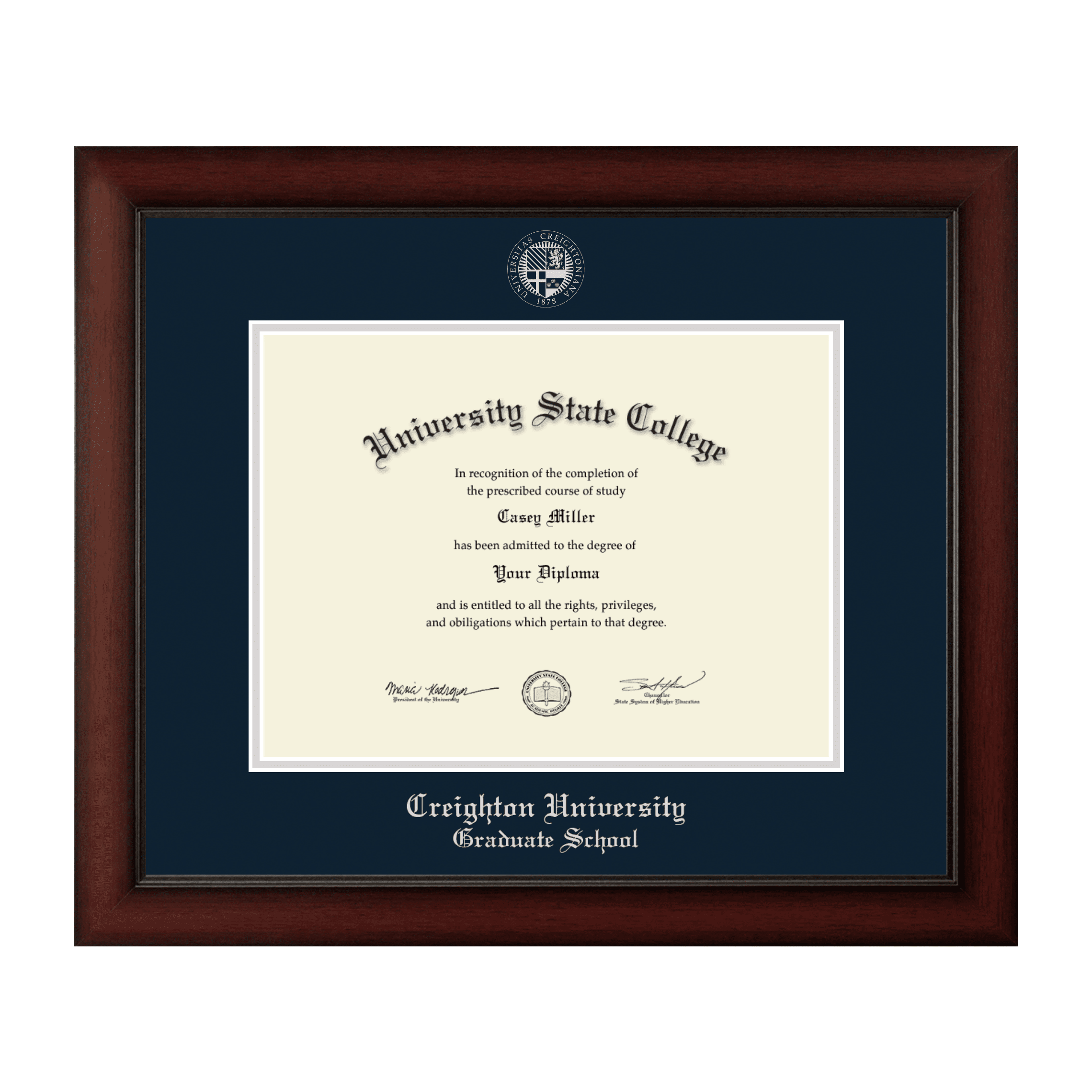 Framerly - Creighton Graduate Diploma Frame with Navy and Silver Mat ...