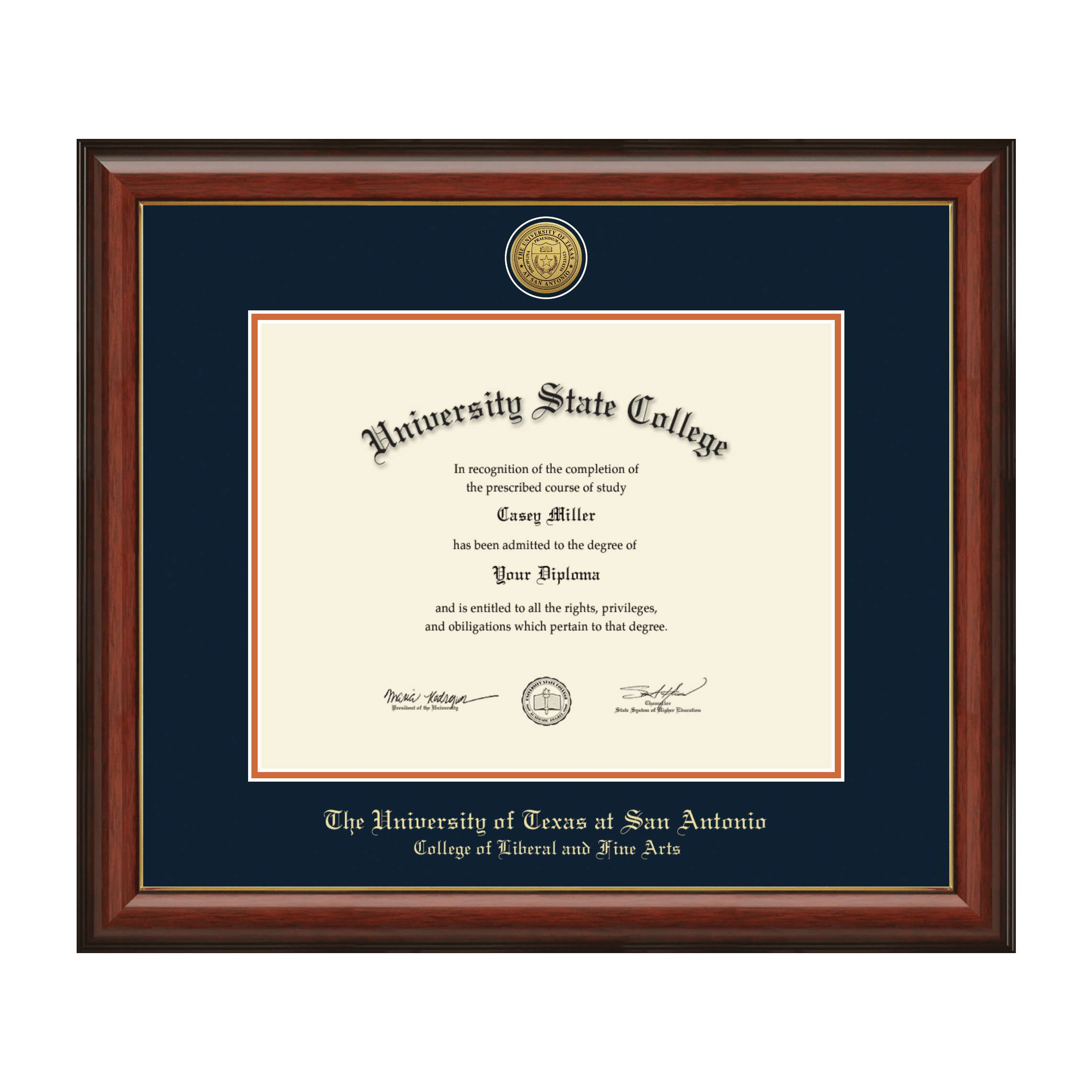 Framerly - UTSA Fine Arts Diploma Frame with Navy and Orange Mat ...