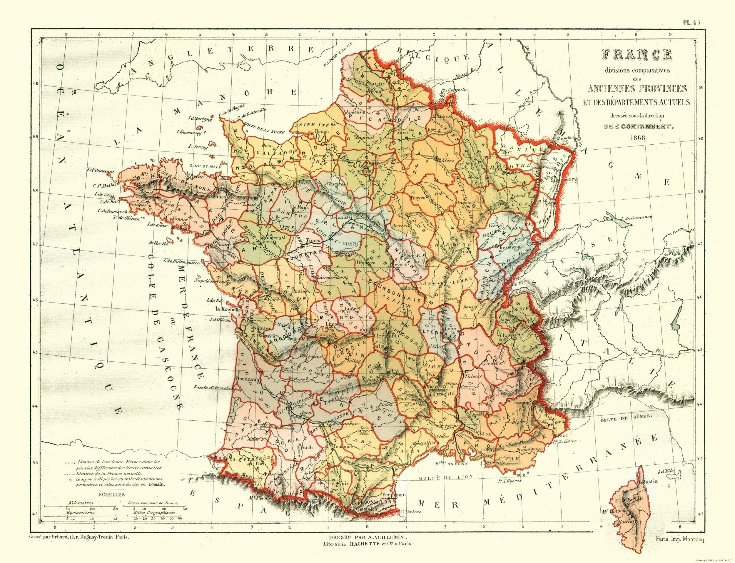 Historic Map - France Ancient Provinces- Cortambert 1868 - 30.02 x 23 ...