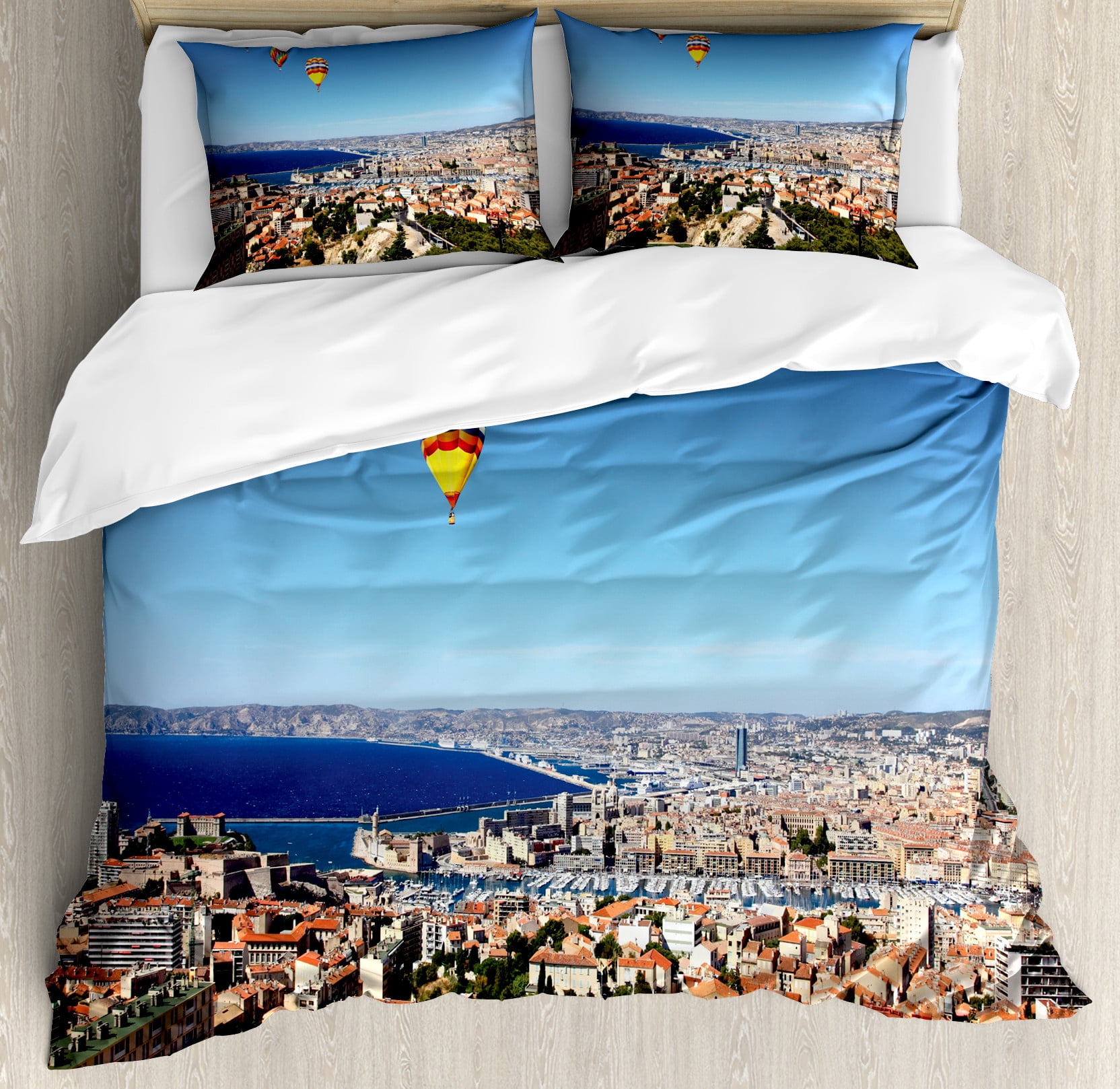 France Duvet Cover Set, Aerial View from City of Marseille and Hot Air ...
