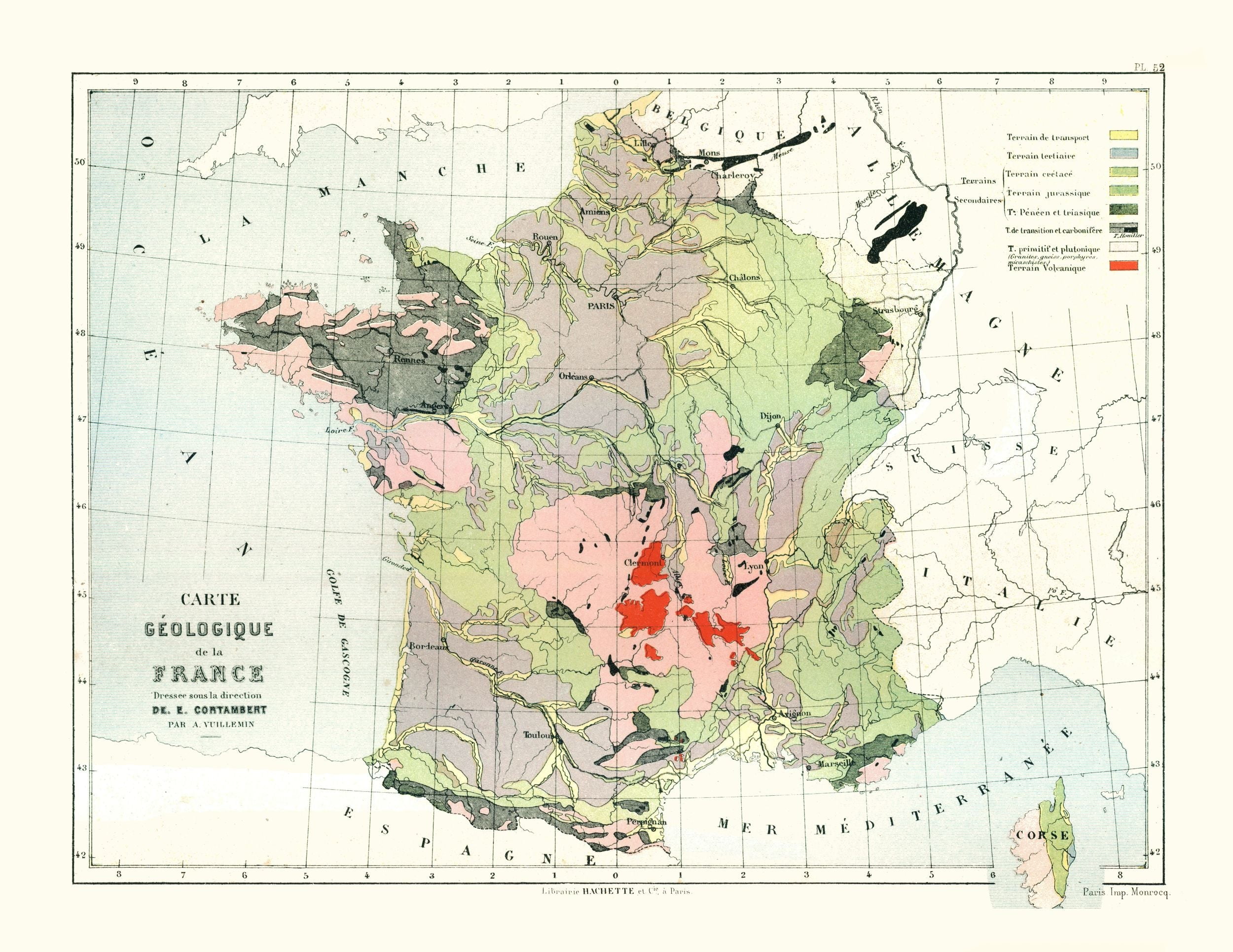 Historic Map - France Geological - Cortambert 1880 - 29.78 x 23 ...