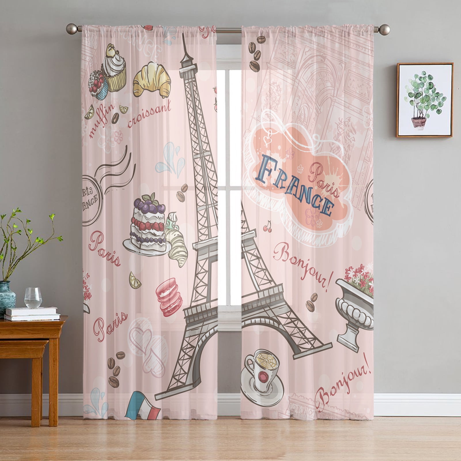 France Paris Pink Retro Eiffel Tower Sheer Curtains for Living Room ...