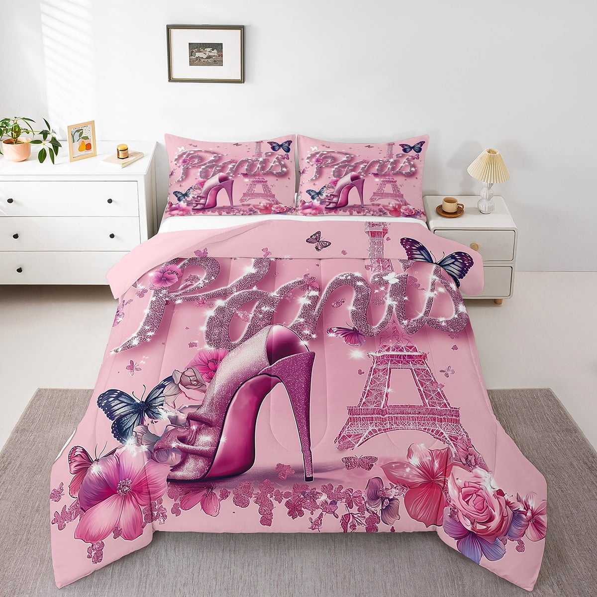 France Paris Style Bedding Rose Purple High Heel Print Comforter Set ...