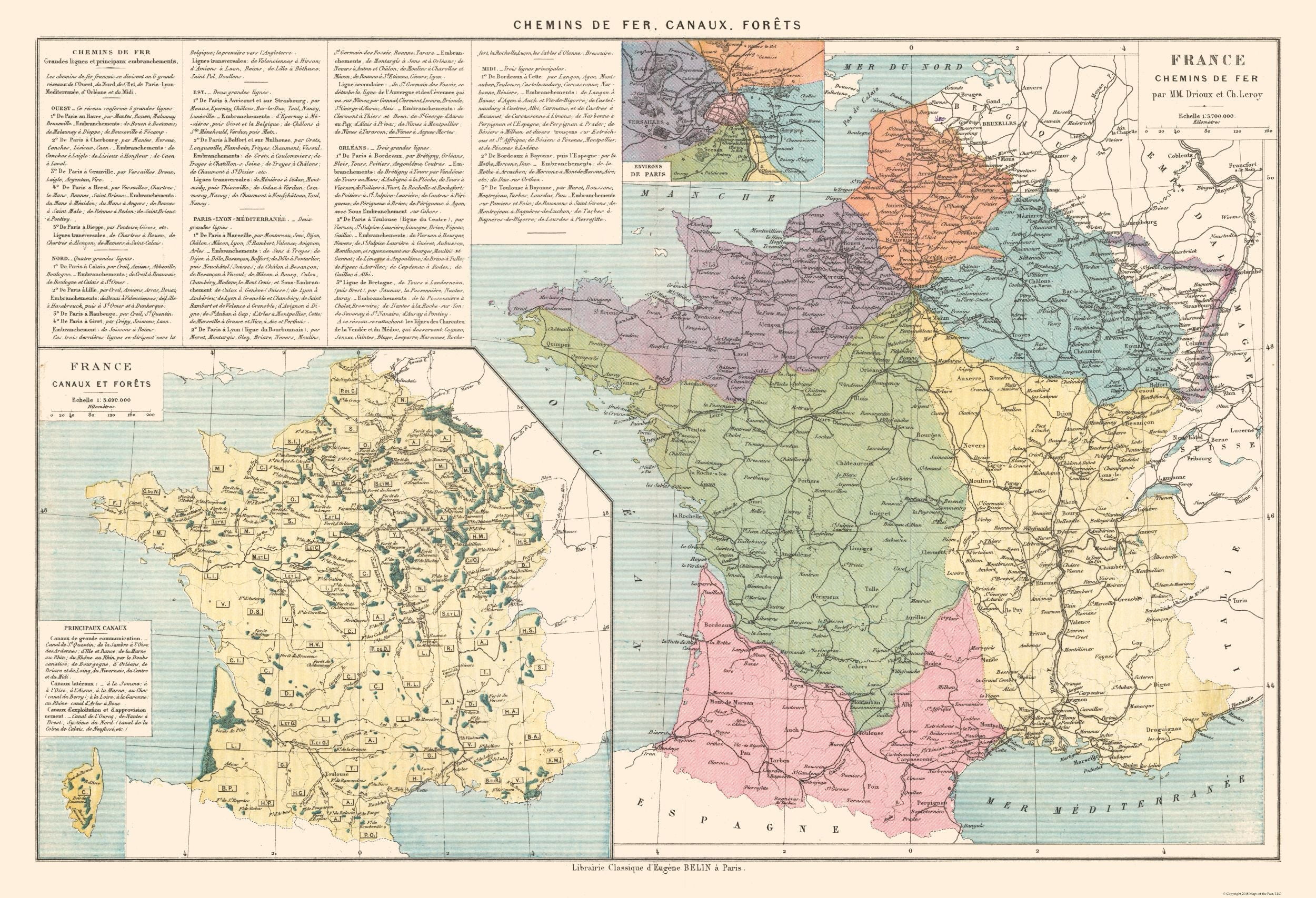 Historic Map - France Railroads Canals Forests - Drioux 1882 - 33.69 x 23 - Vintage Wall Art ...