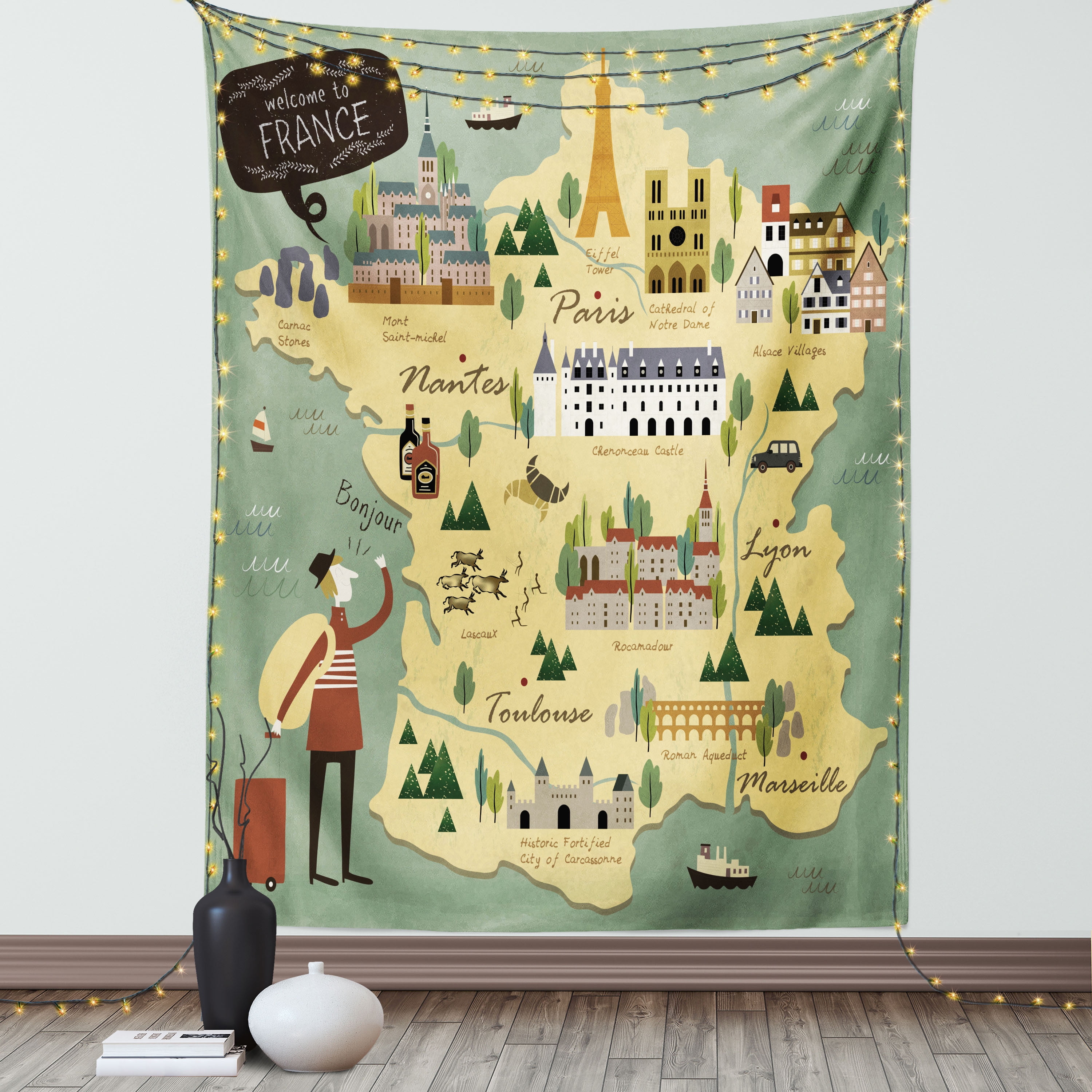 France Tapestry, Travelling Themed French Map with Famous Landmarks in ...
