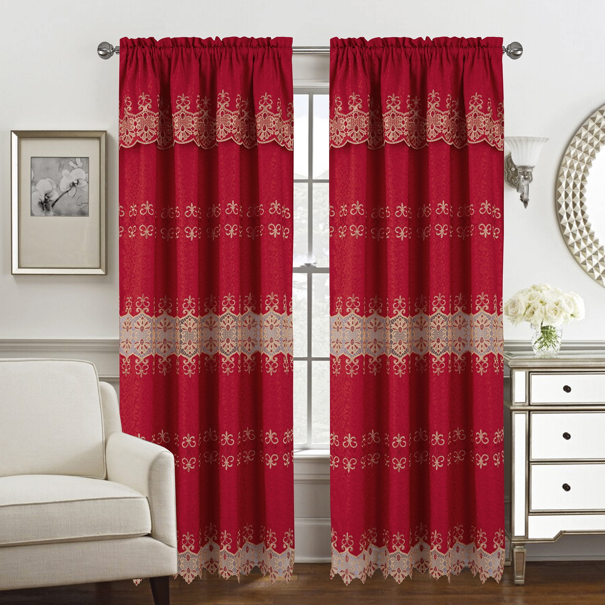 Francine Macrame Jacquard Window Panel with Attached Valance, Red-Gold ...