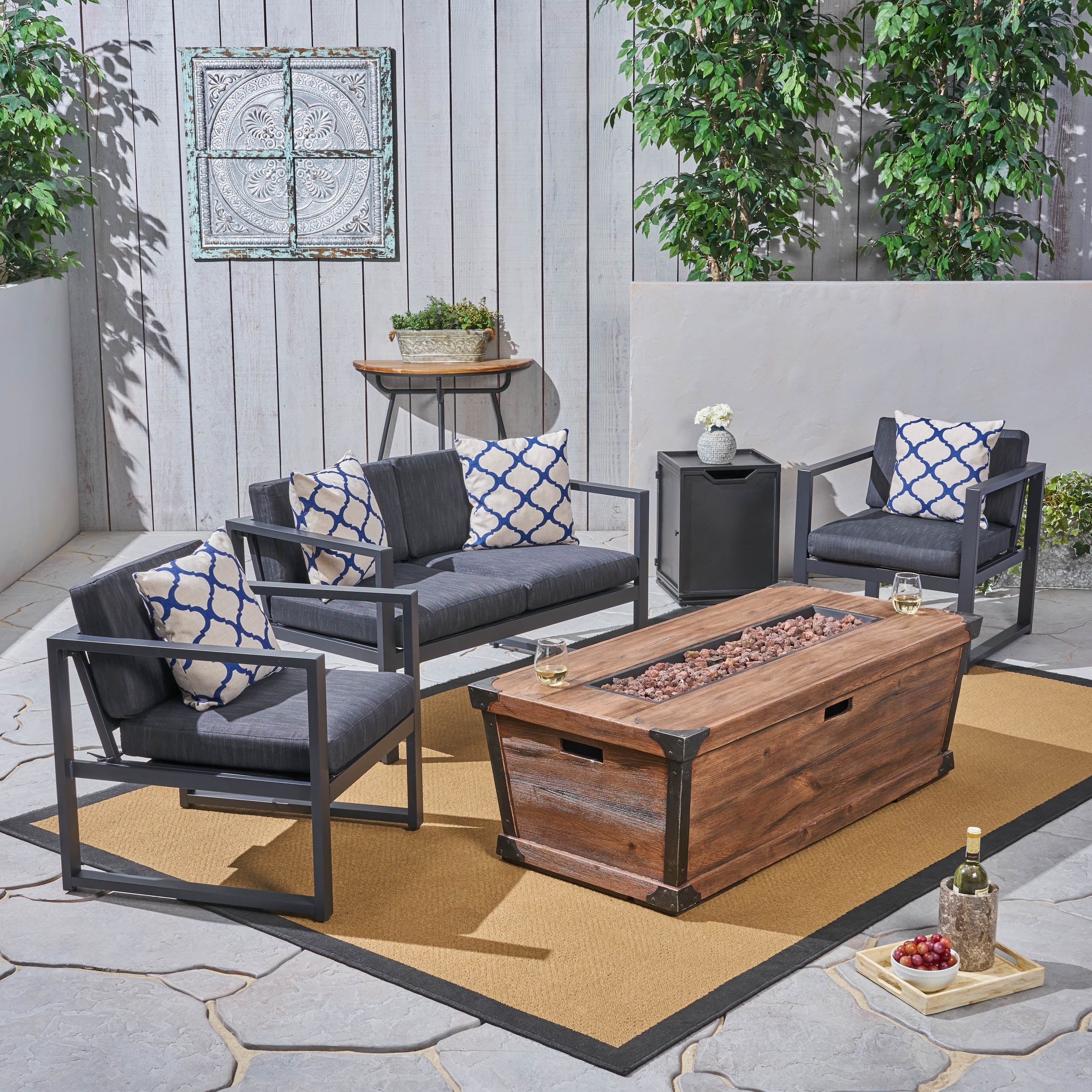 Franco Outdoor 5 Piece Aluminum Chat Set with Cushions and Fire Pit ...