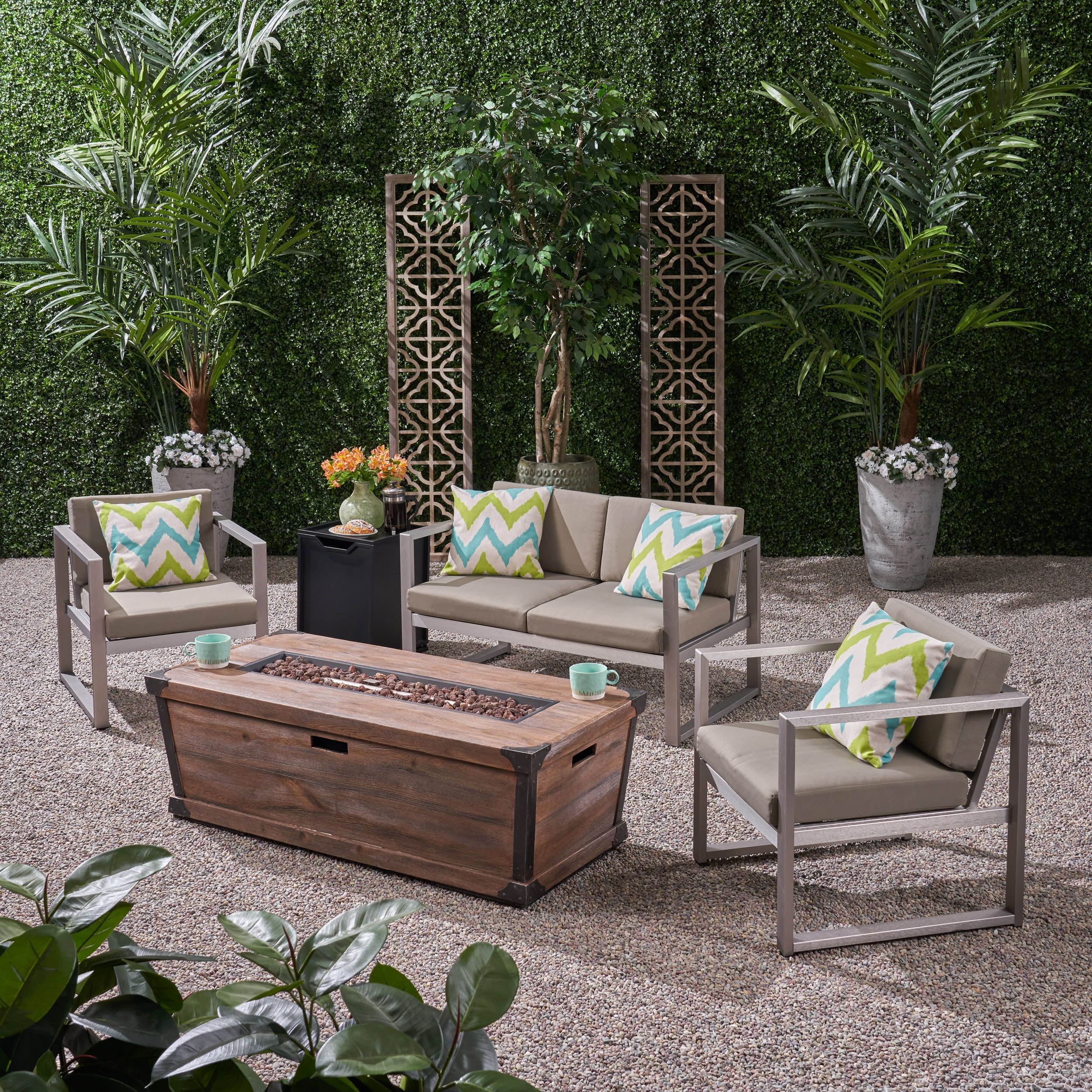 Franco Outdoor 5 Piece Aluminum Chat Set with Cushions and Fire Pit ...