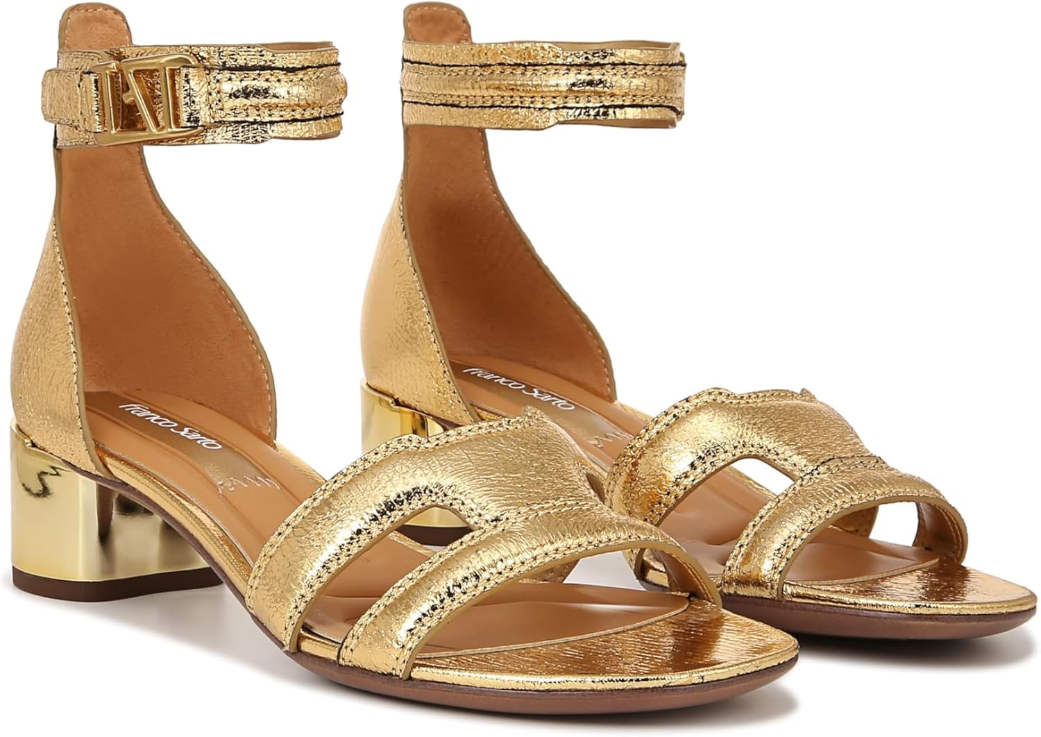 Franco Sarto Women's Nora Ankle Strap Low Block Heel Sandal Gold ...