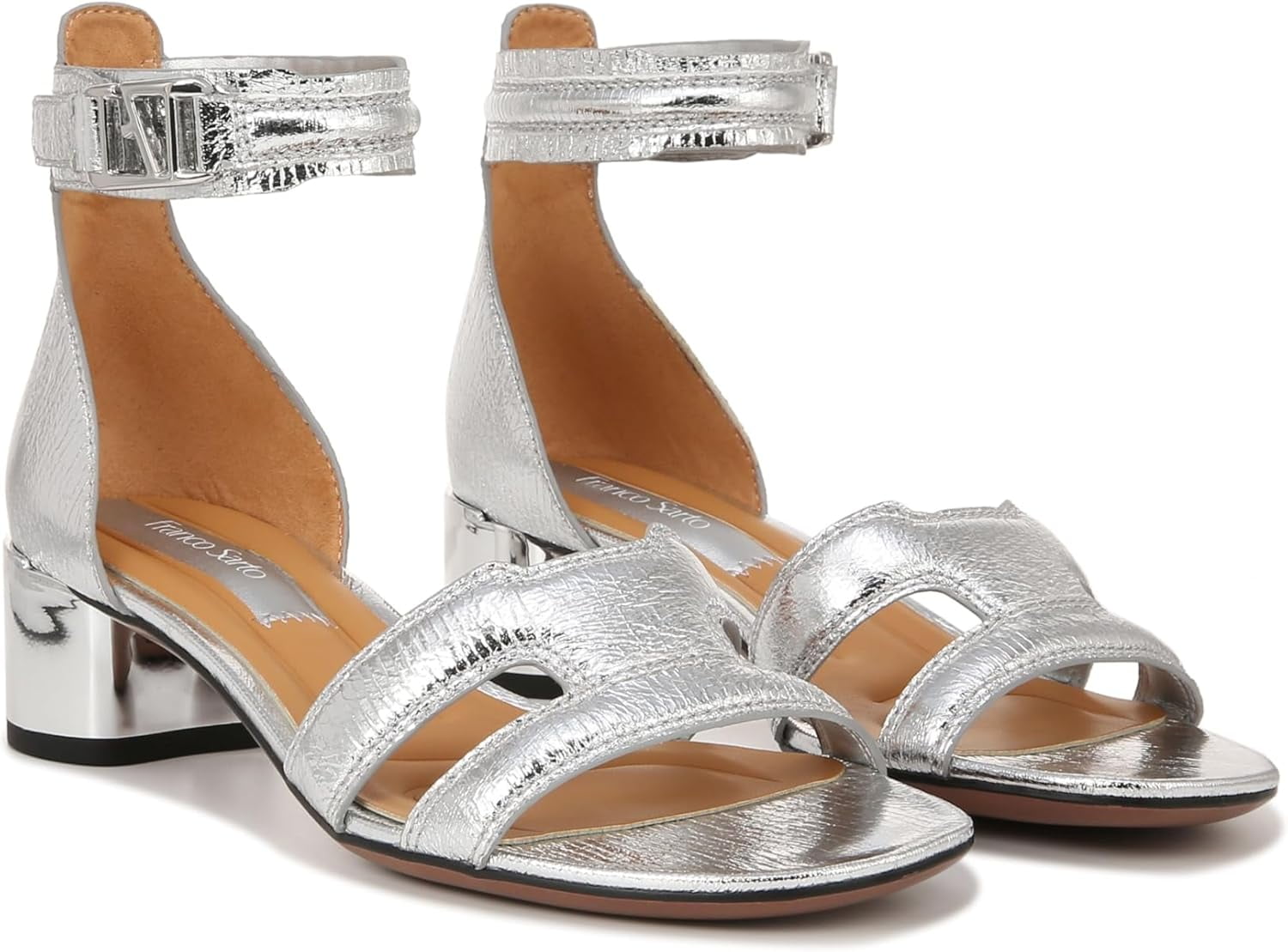 Franco Sarto Women's Nora Ankle Strap Low Block Heel Sandal Silver ...