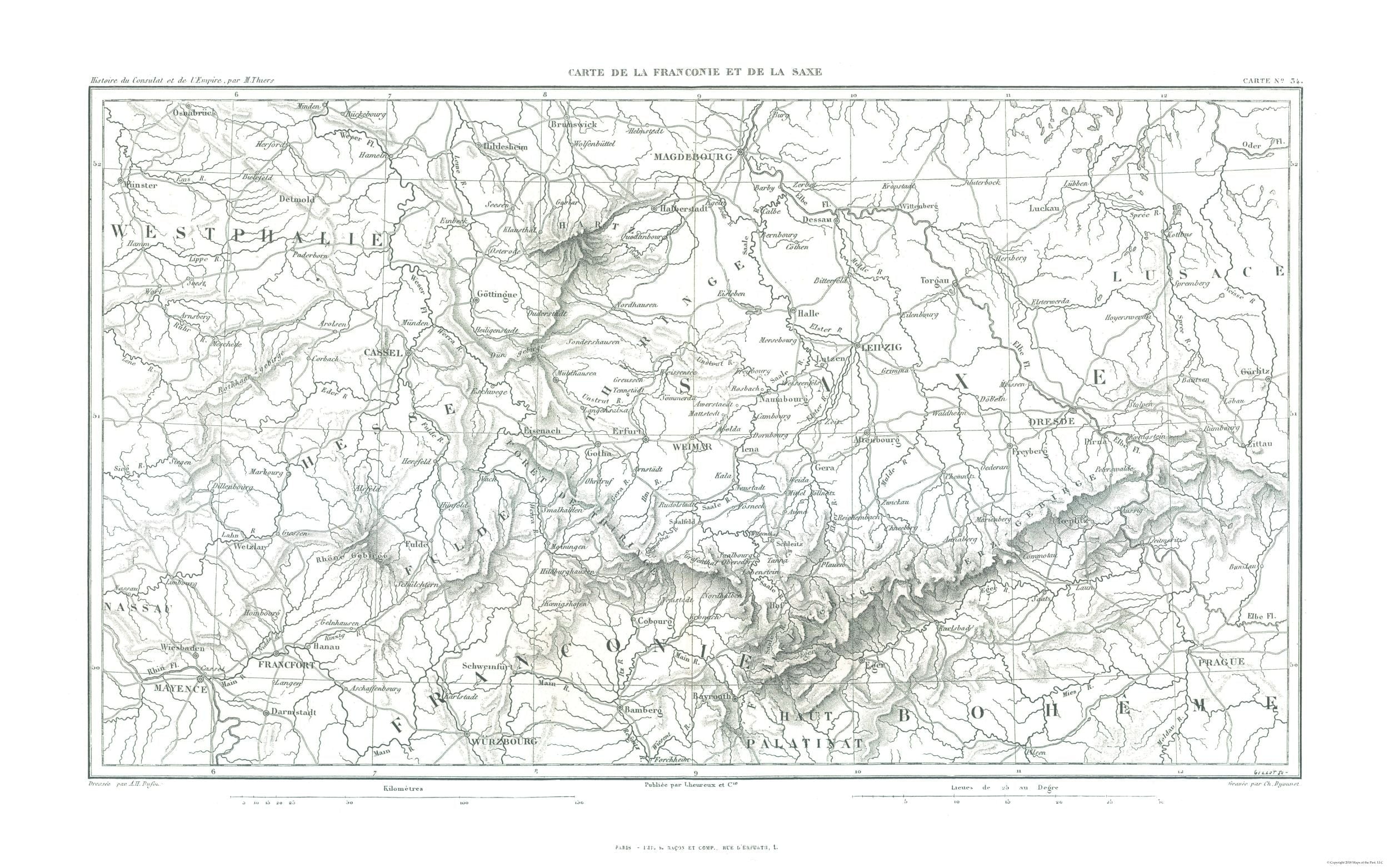 Historic Map - Franconia Saxe Germany - Thiers 1866 - 36.79 x 23 ...