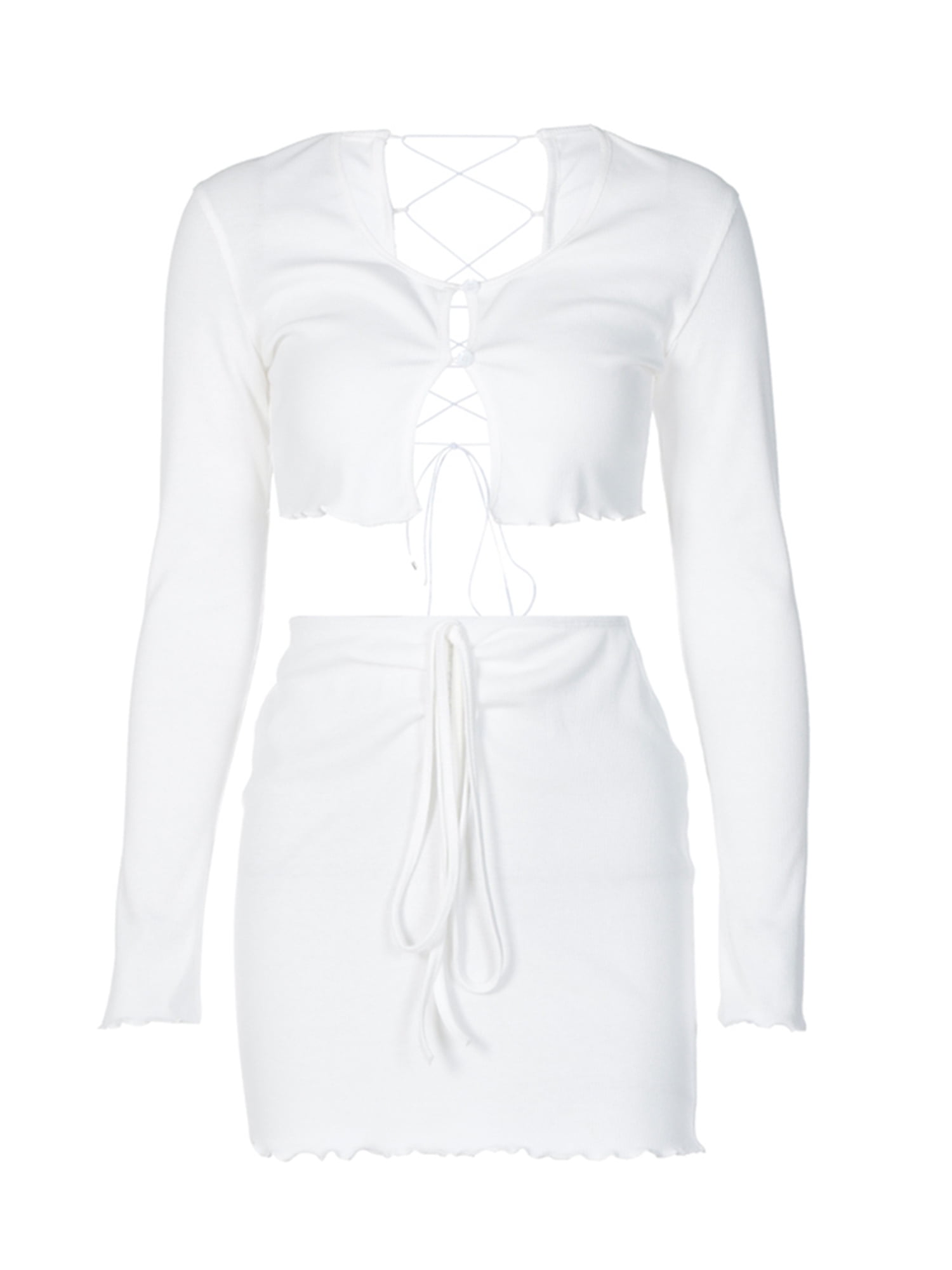 Franhais 2 Pcs Lady's Sexy Solid Color Suit, Round Neck Long Sleeve ...