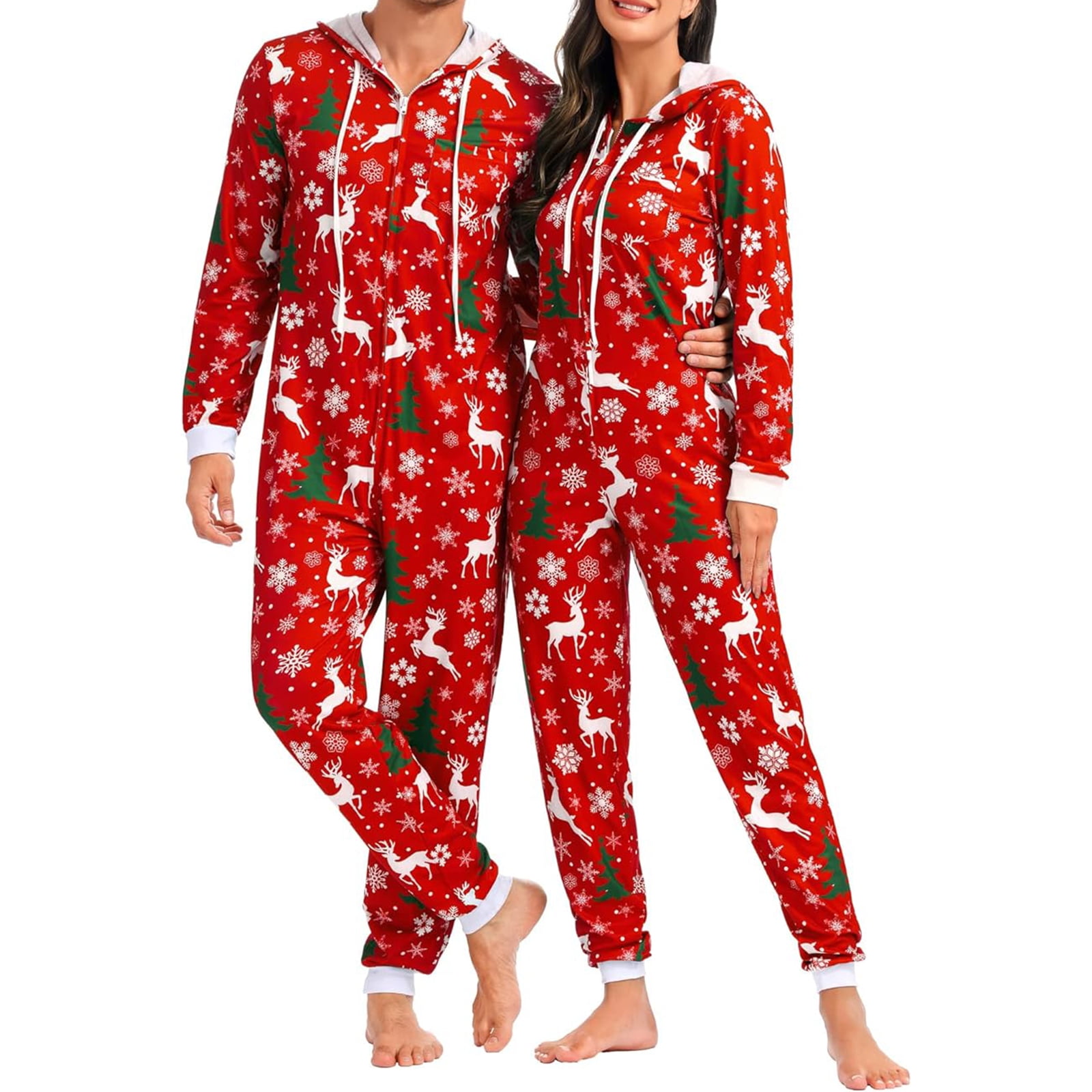 Franhais Couples Christmas Pajama Set Cute Print Hooded Zipper Rompers ...