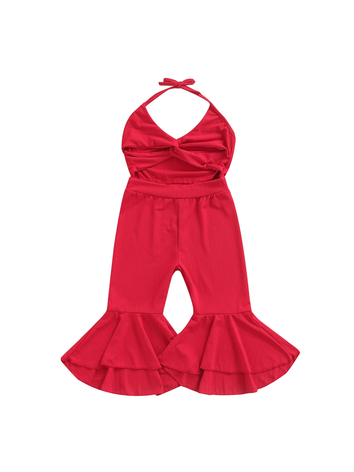 Franhais Girls Casual Summer Jumpsuit, Red Solid Color V-neck Backless ...