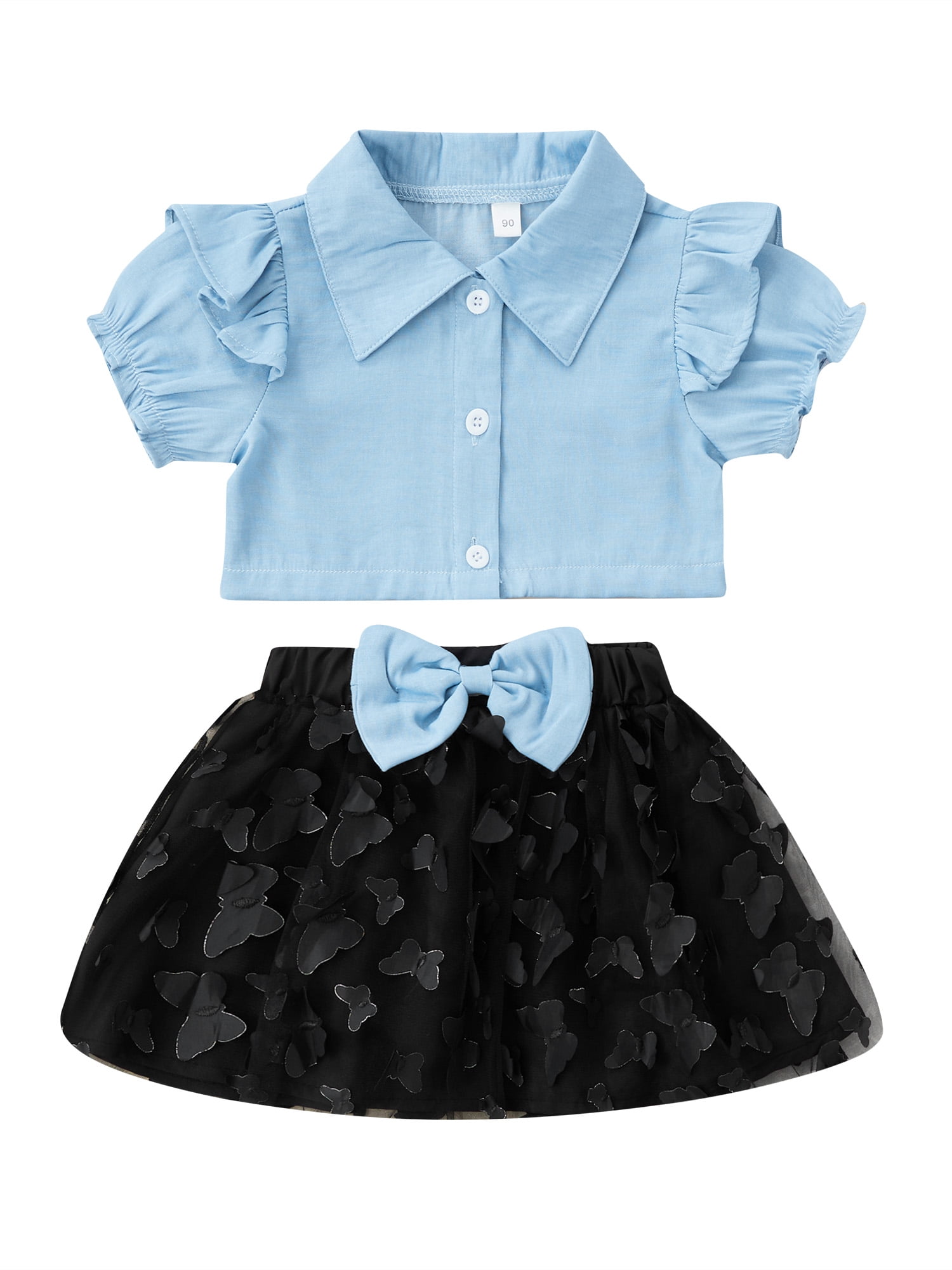 Franhais Kid Girl Outfits Set, Lapel Ruffle Trim Short Sleeve Buttons ...