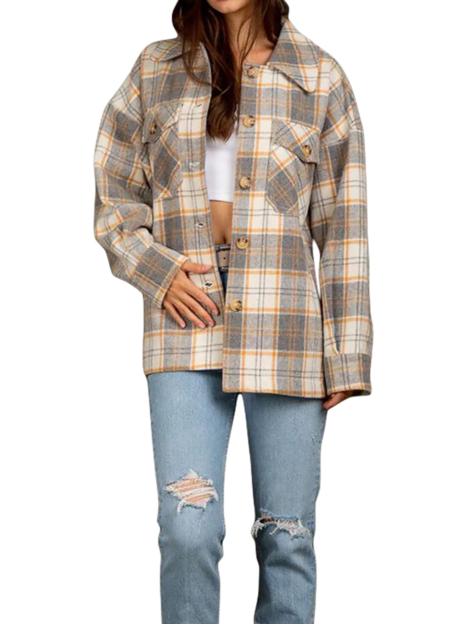 Franhais Women Casual Jacket, Lapel Neck Plaid Pattern Coat Button Down ...