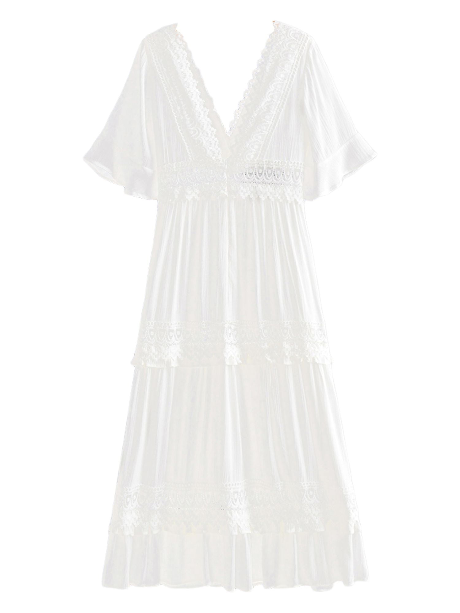 Franhais Women Fashion Lace Backless Dress Stylish Ruffle Sleeve Vacation Dress For Lades Female