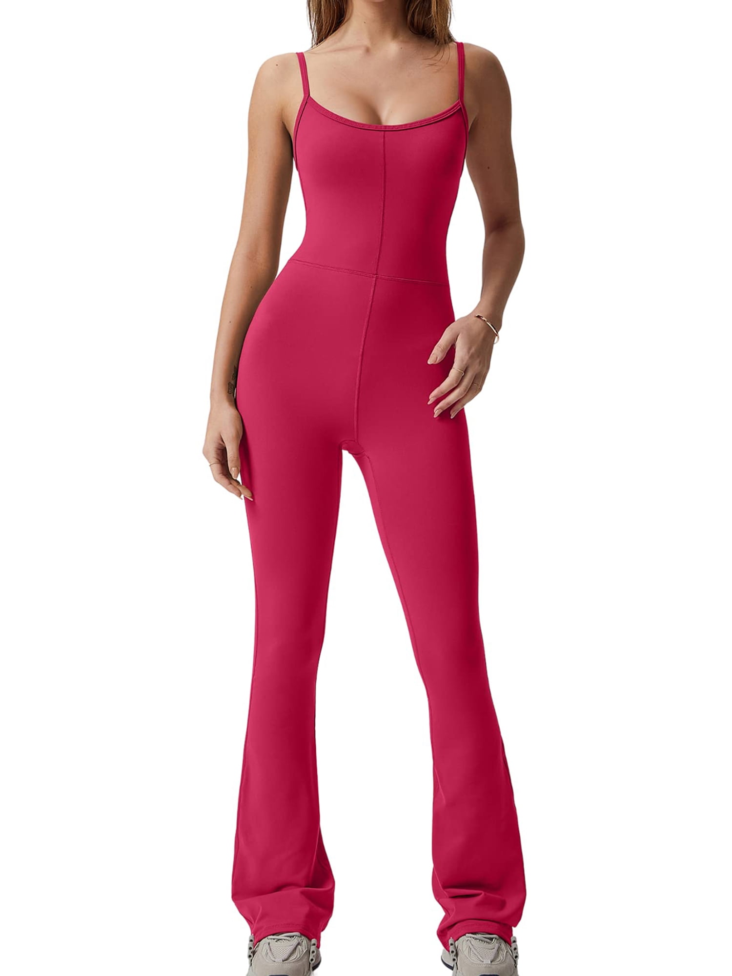 Franhais Women Flare Jumpsuit Casual Summer Solid Color Spaghetti Strap ...