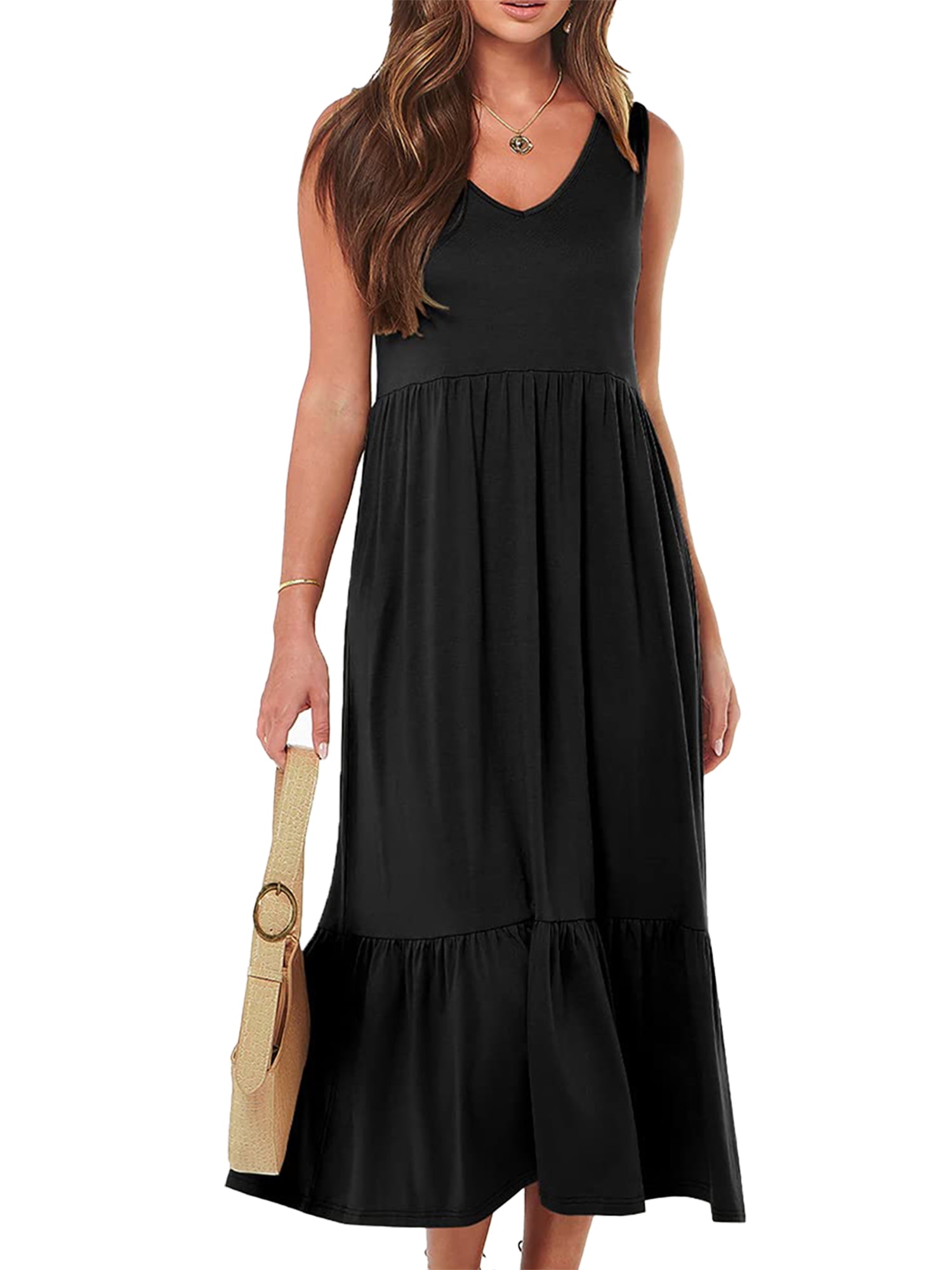 Franhais Women Long Maxi Dress, Sleeveless V-neck Solid Slip Loose ...