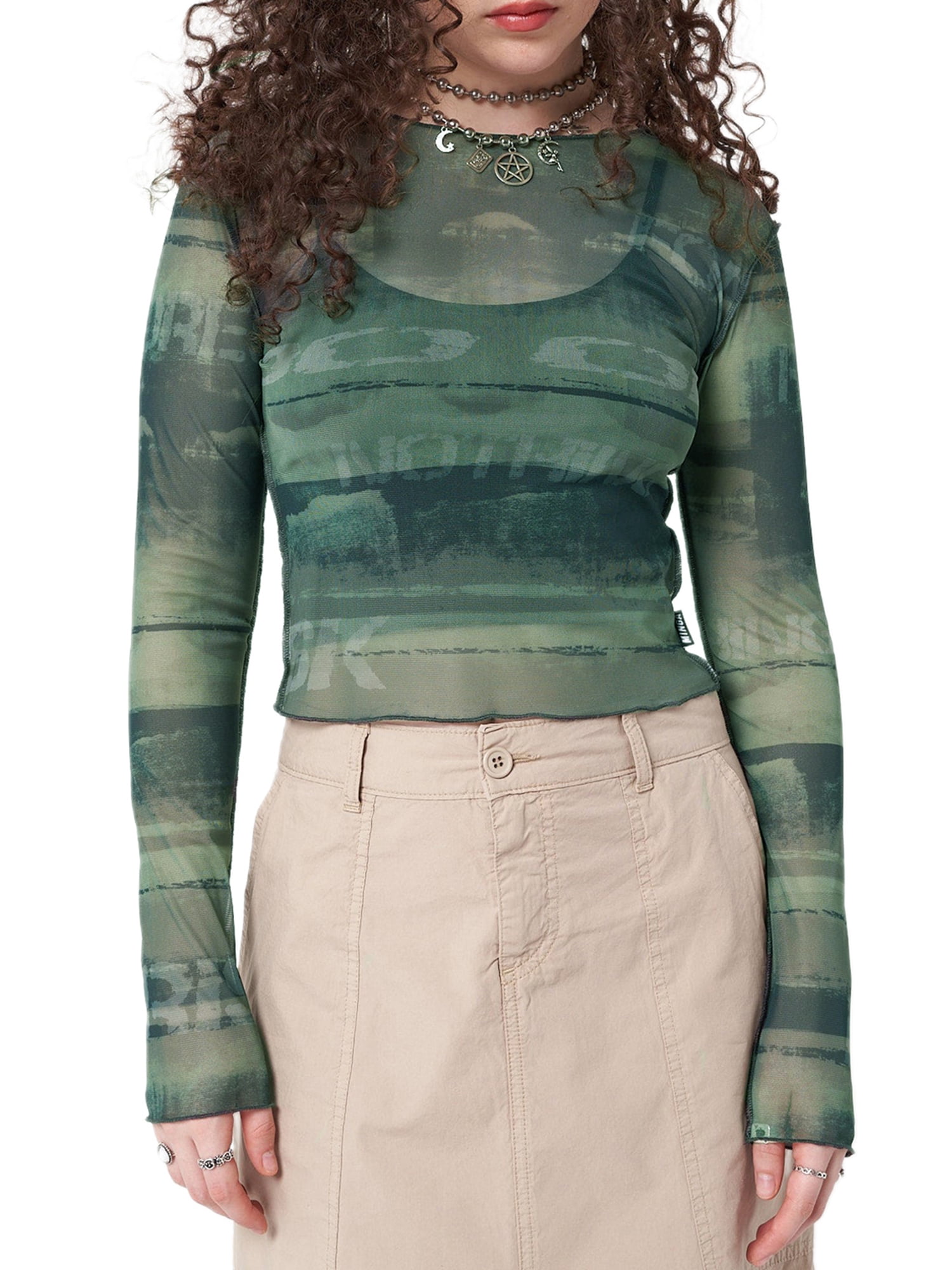 Franhais Women Long Sleeve Tops with Sheer Mesh, Letter Pattern Skinny ...