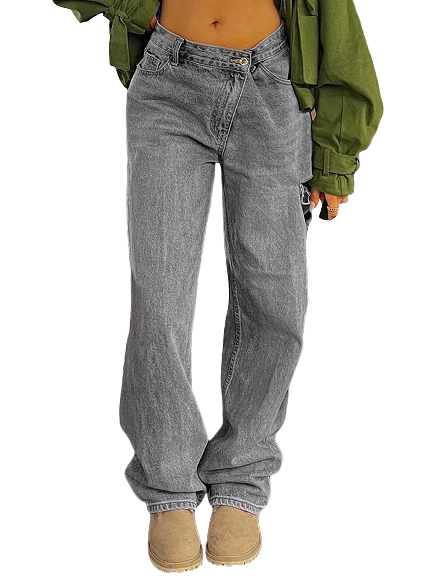 Franhais Women Low Waist Buckle Jeans, Solid Color Ripped Denim ...