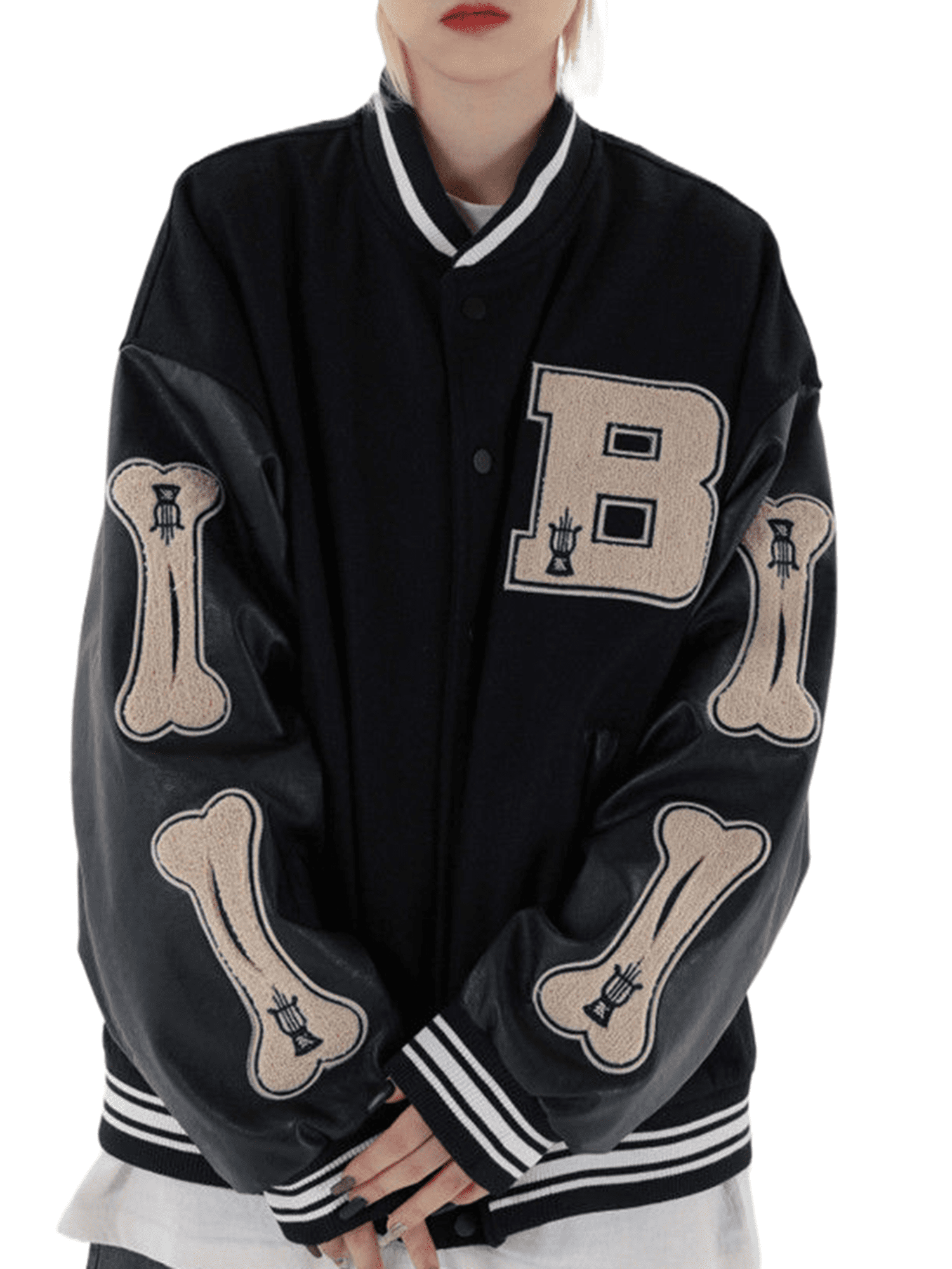 Franhais Women Oversized Baseball Jackets, Leather Long Sleeve Bone ...