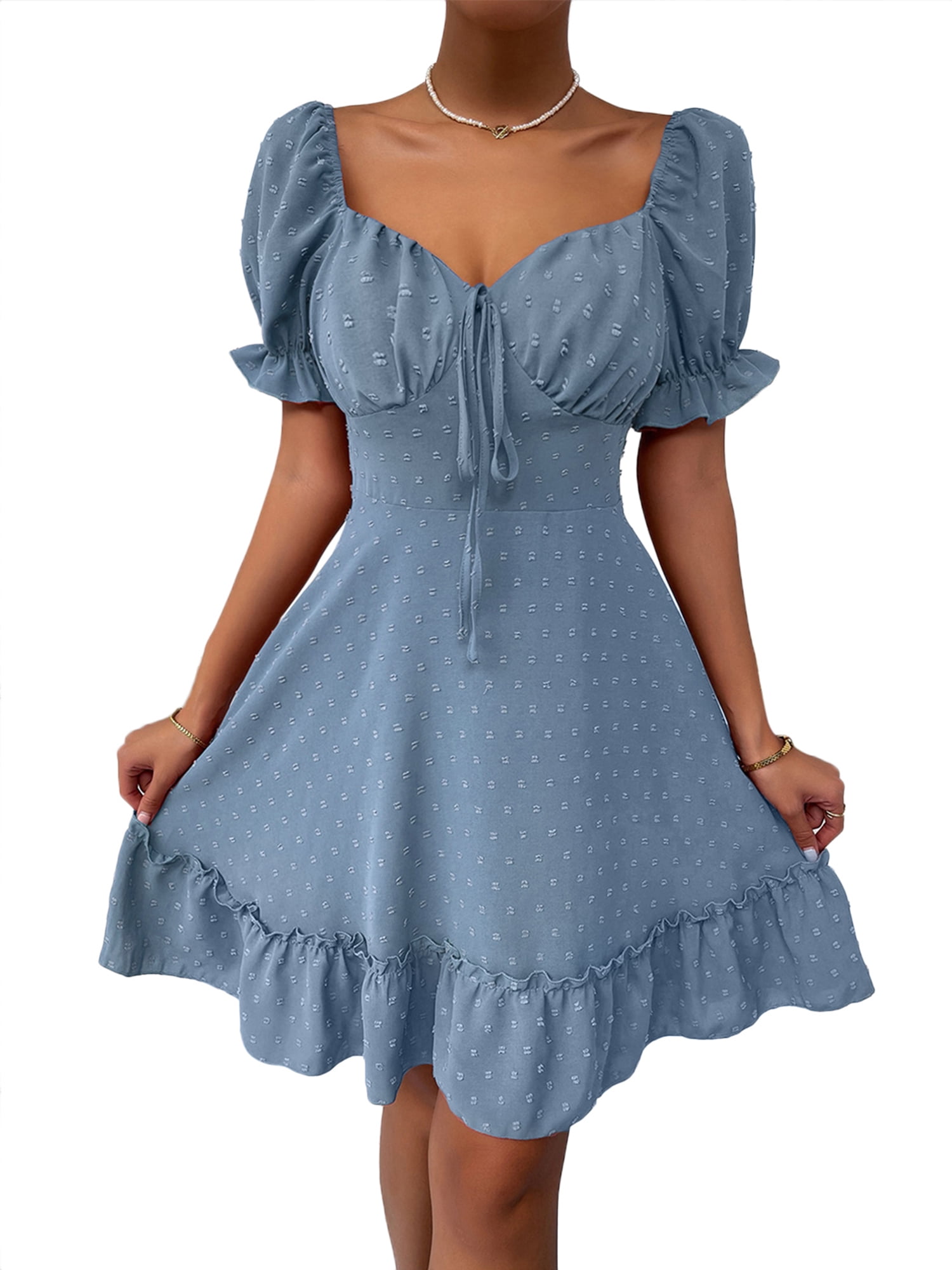Franhais Women Summer Dress, Short Puff Sleeve Jacquard Dot Plain Low ...