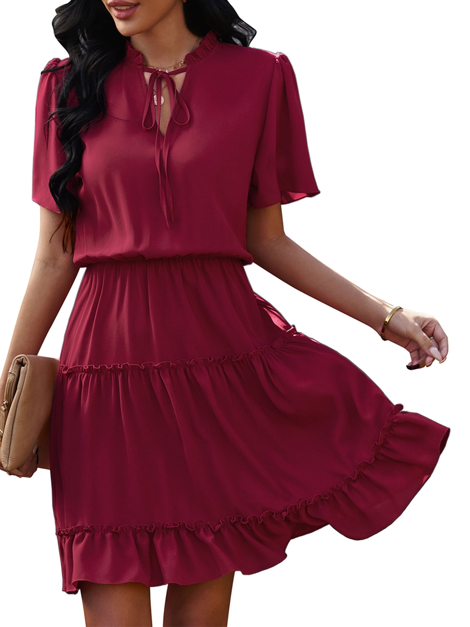 Franhais Women Summer Dress, Solid Color Frilly Flounce Short-Sleeve ...