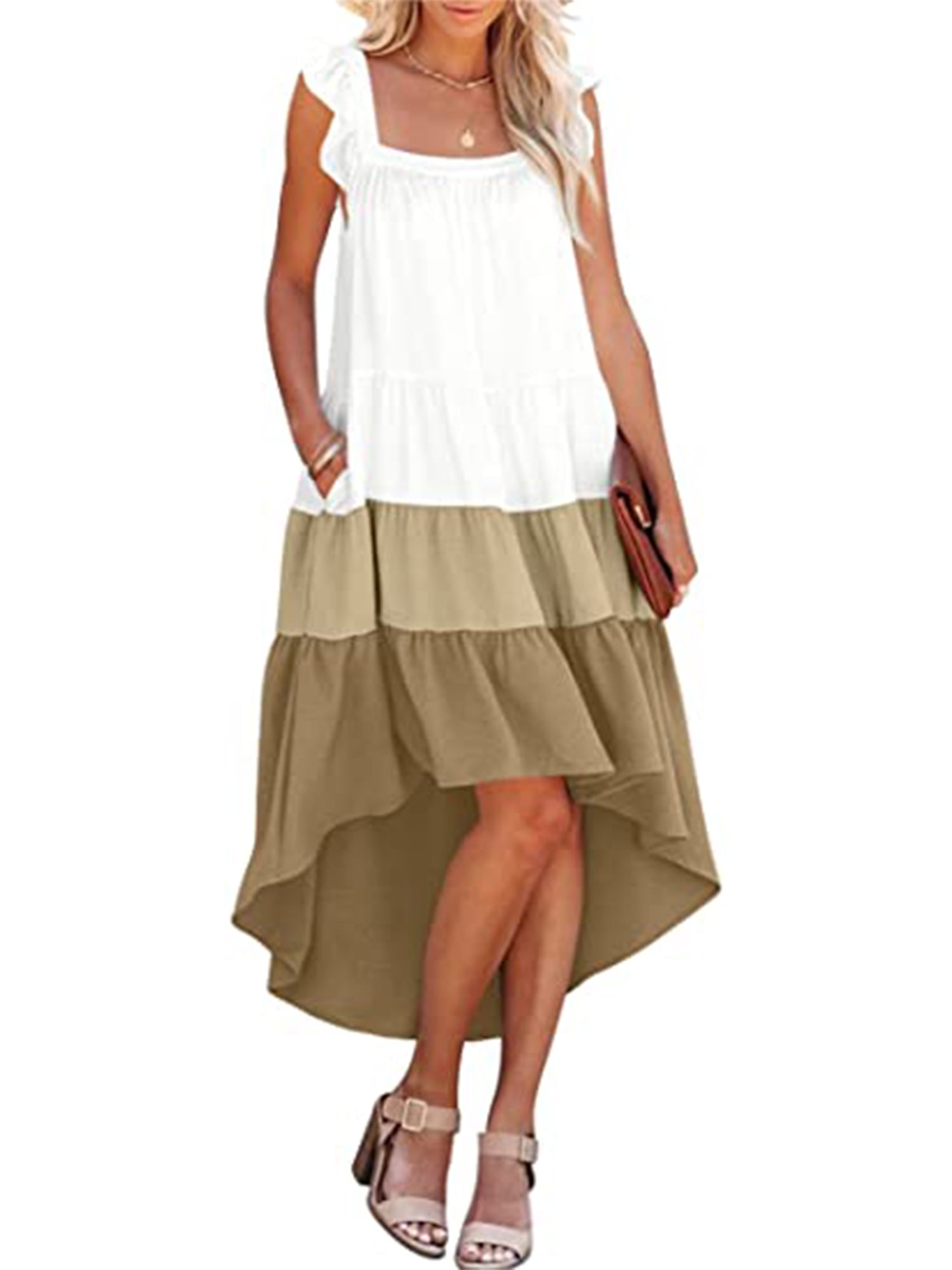 Franhais Women Summer Ruffled Sleeve Dress, Contrast Color/Solid Color ...