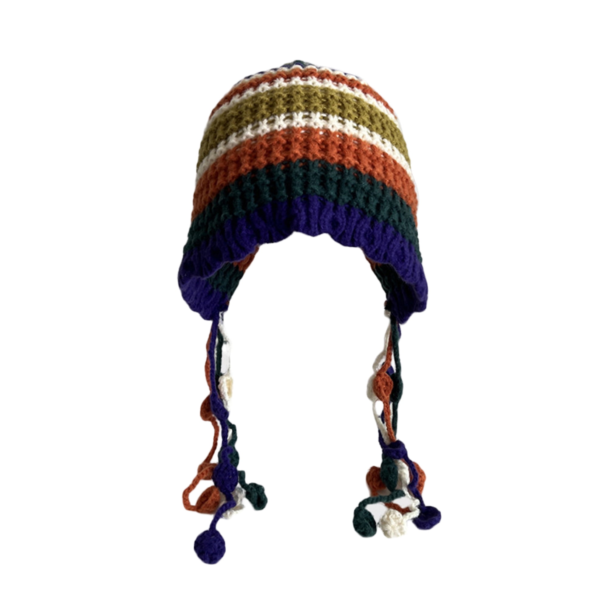 Franhais Women Winter Hat Rainbow Stripe Knitted Beanies with Ear Flaps ...