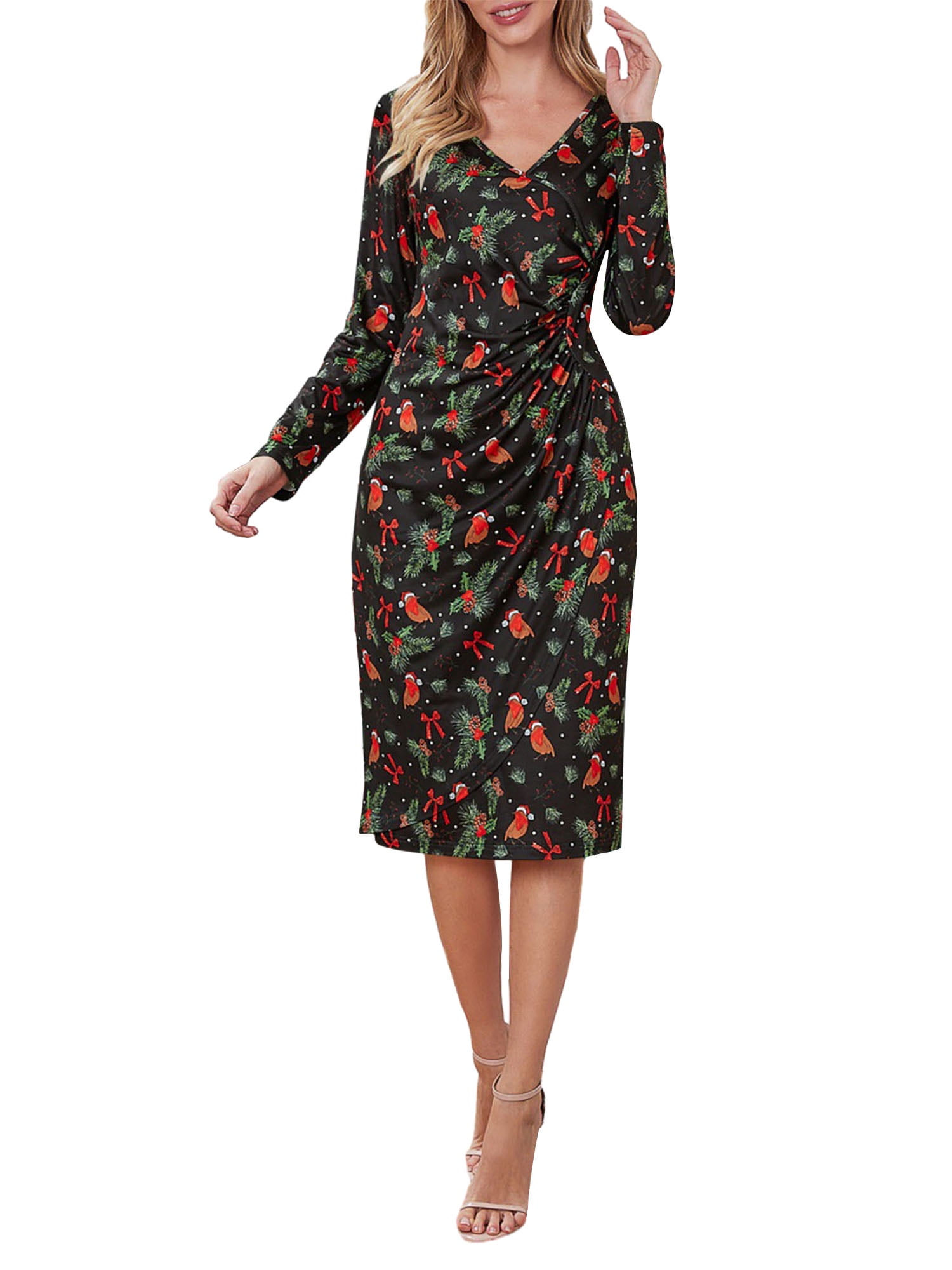 Franhais Women's Christmas Midi Dress Long Sleeve Deep V Neck Cartoon ...