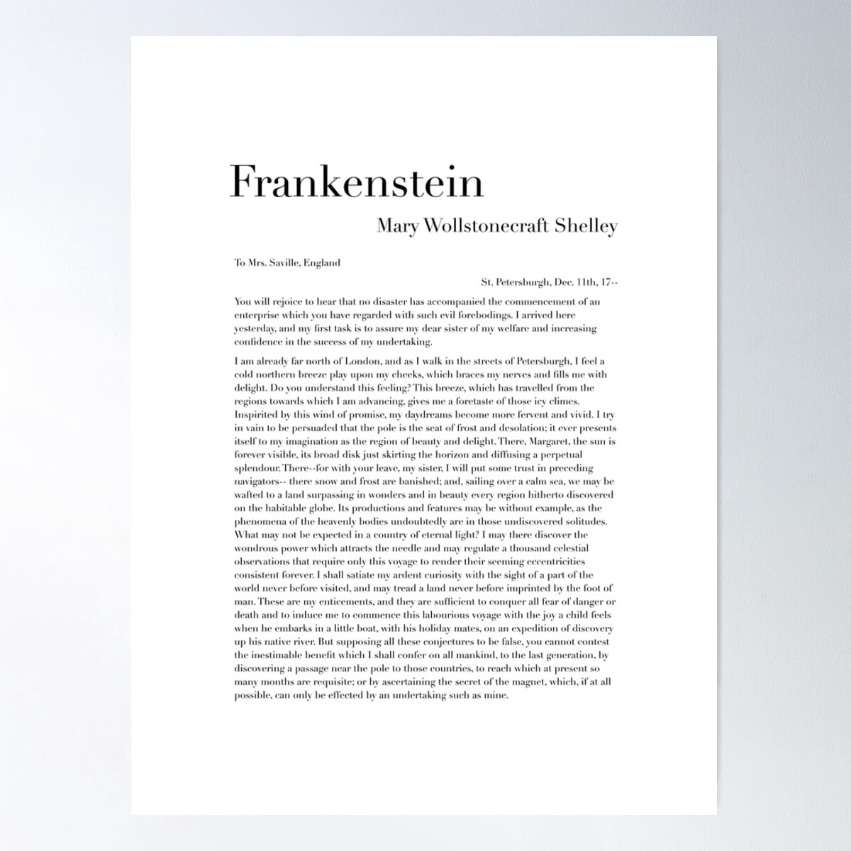 Frankenstein By Mary Wollstonecraft Shelley Poster Wall Art, Modern ...