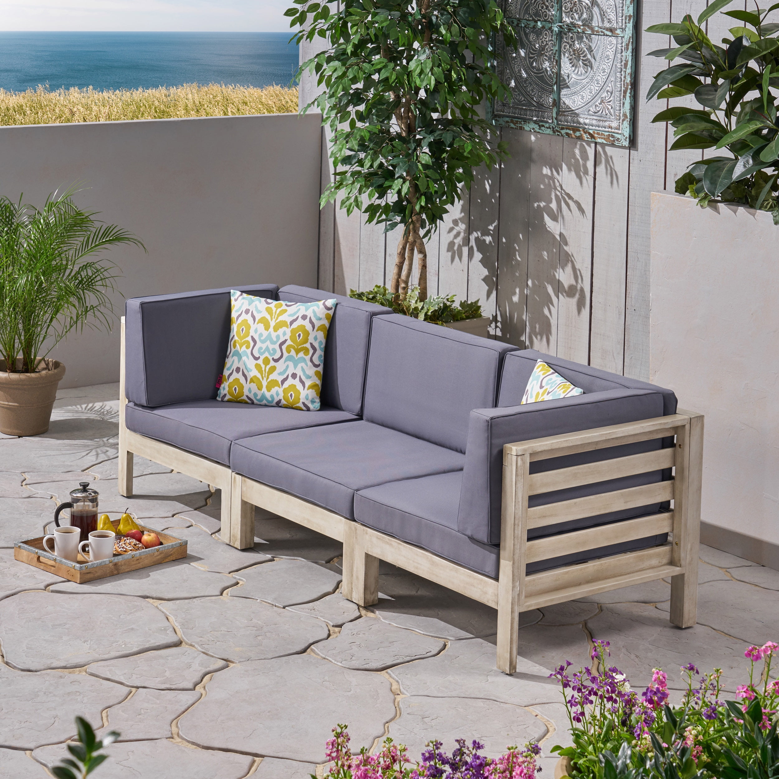 Noble House Oana Outdoor Acacia Wood Sofa with Cushions Weather Gray ...