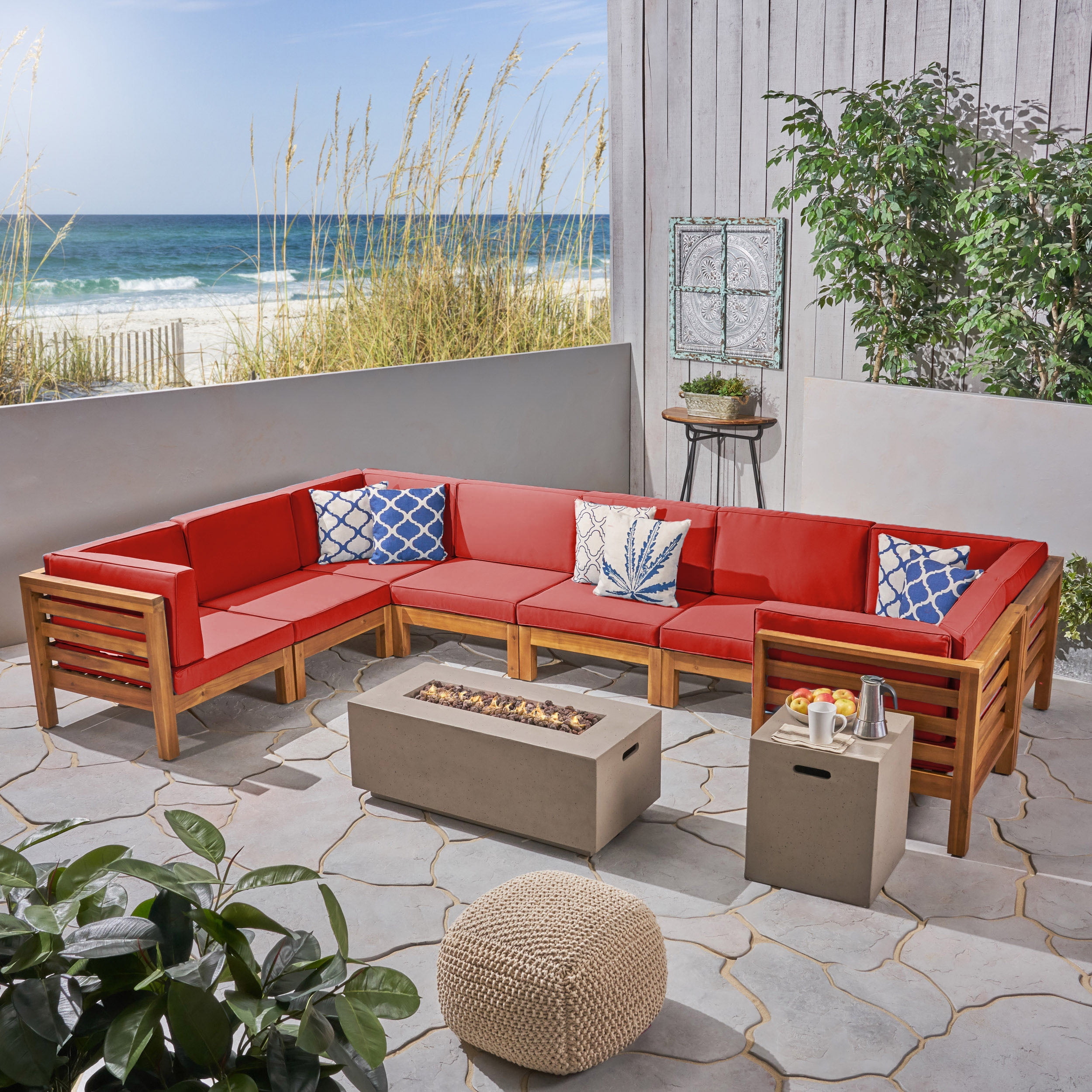 Oana Outdoor U-Shaped 8 Seater Wood Sectional Sofa Set Teak Red/Light ...
