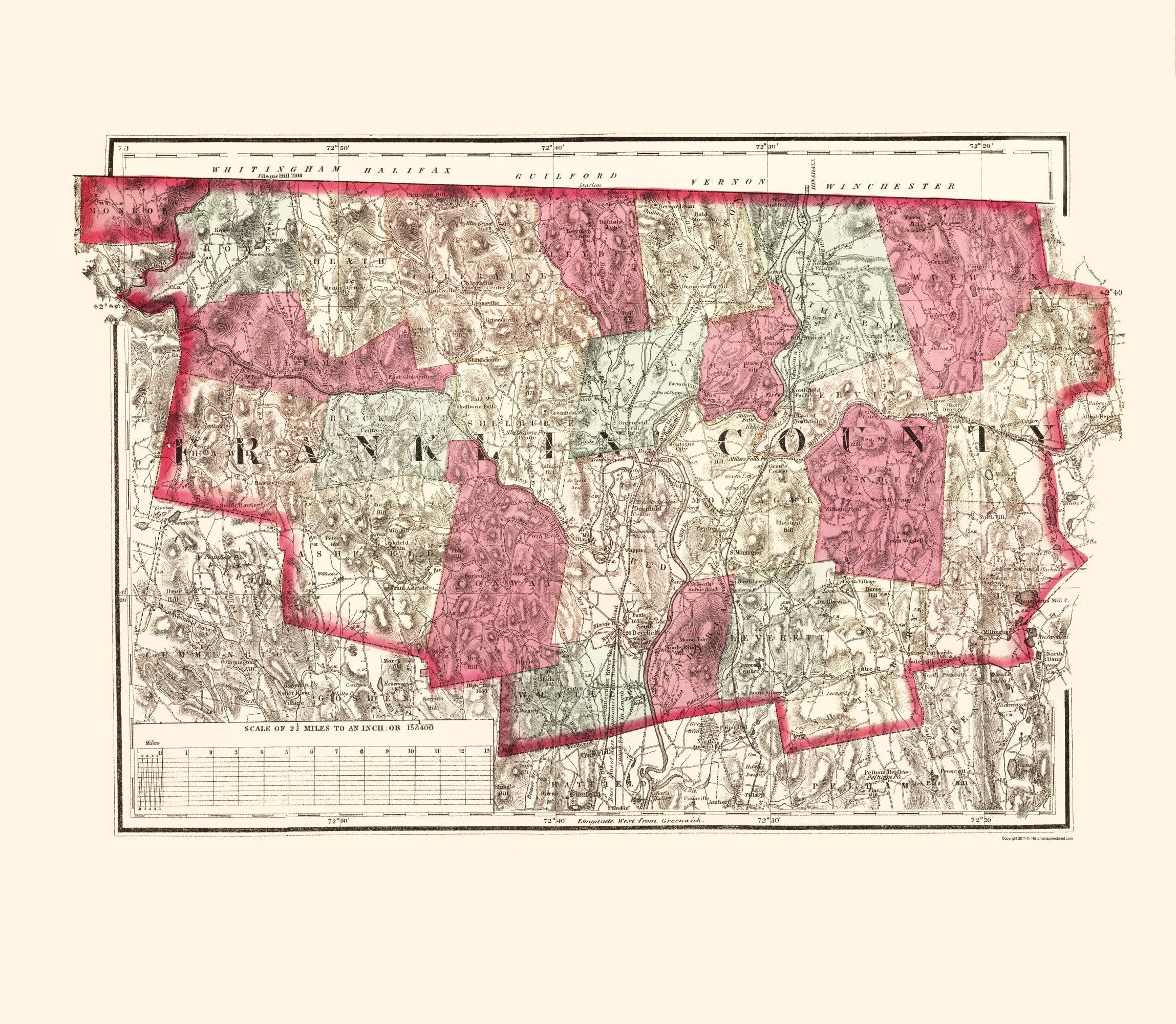 Historic County Map - Franklin County Massachusetts - Walling 1871 - 23 ...