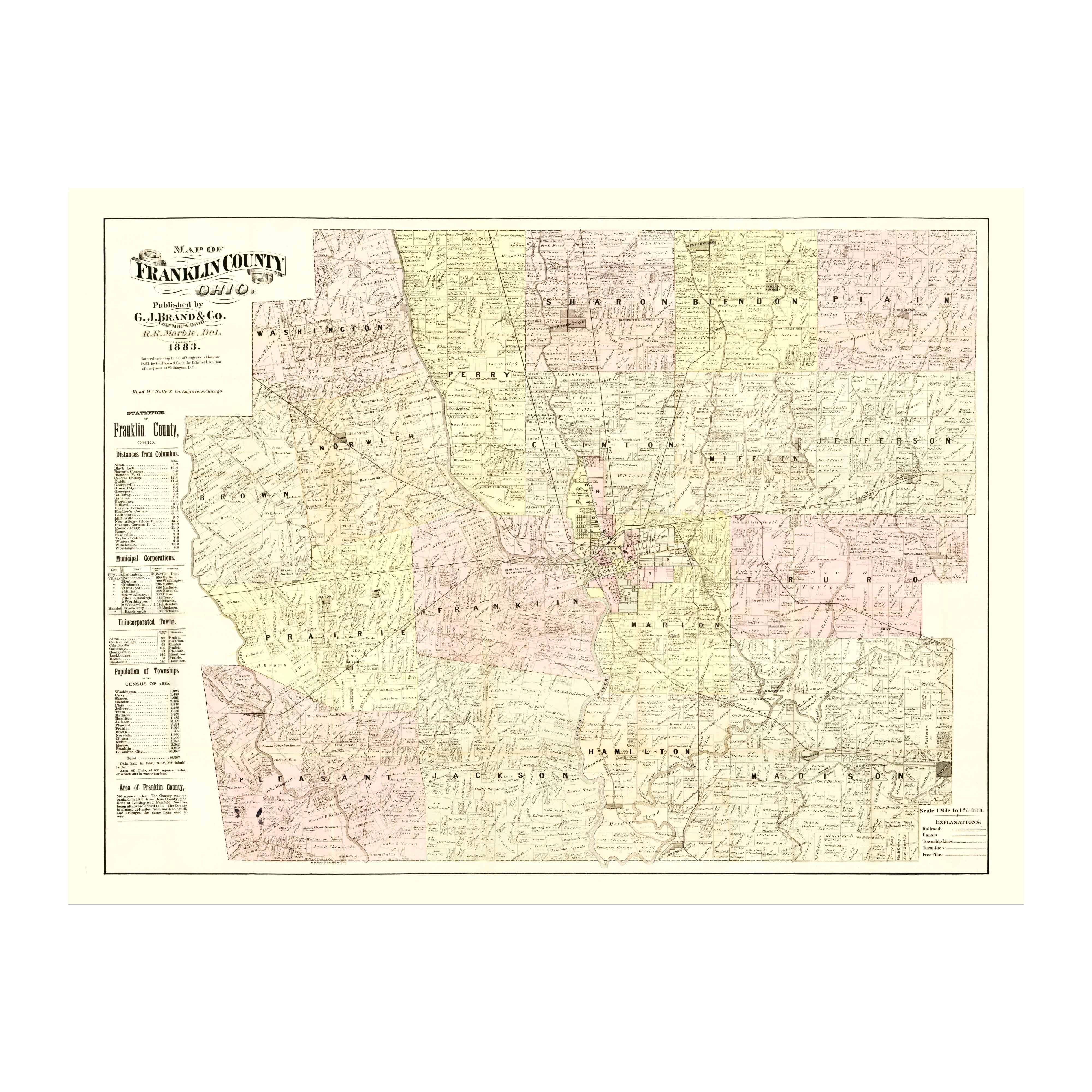 Franklin County Ohio Art, 1883 Vintage Map of Franklin County OH ...