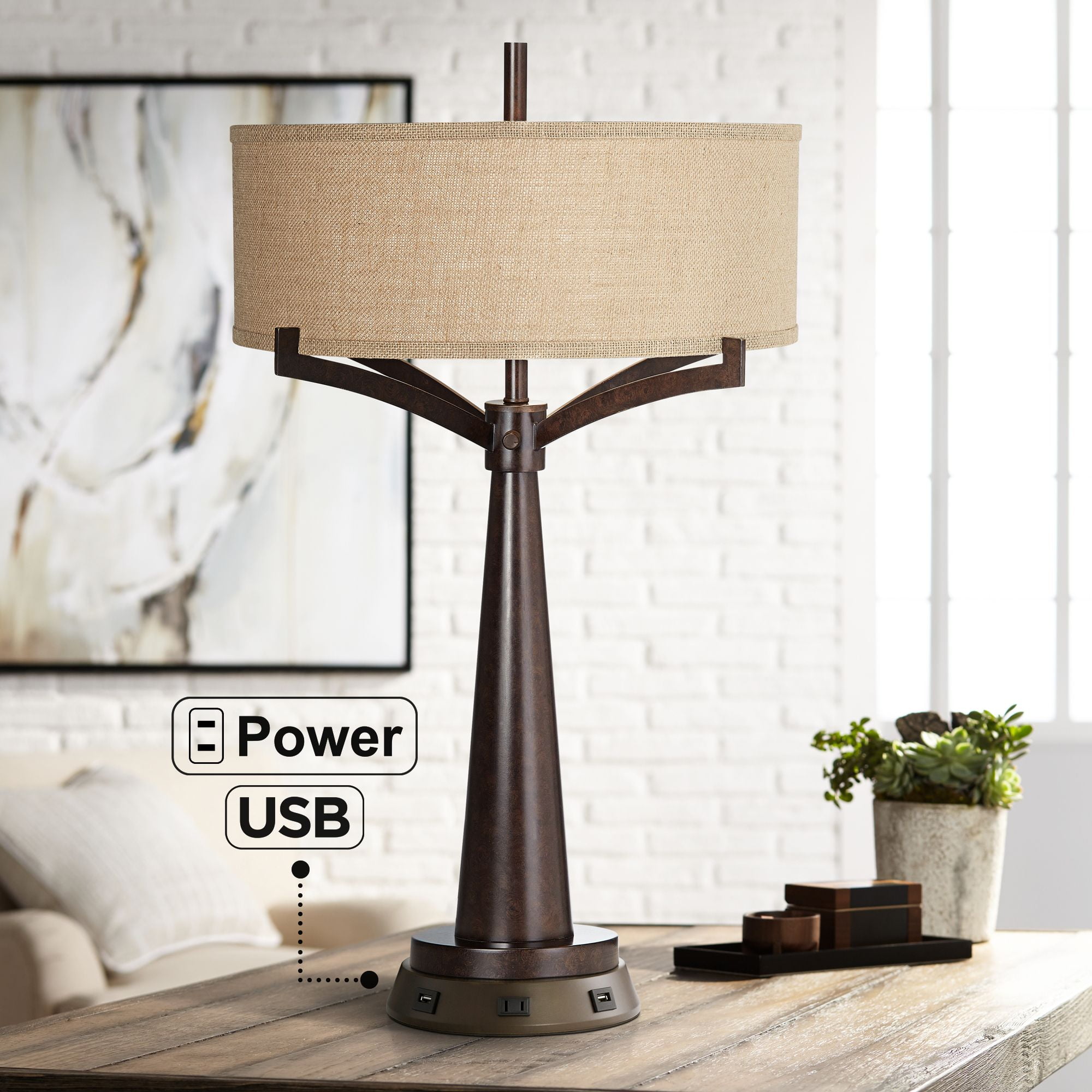 Franklin Iron Works Rustic Farmhouse Table Lamp 31 1/2" Tall with USB ...