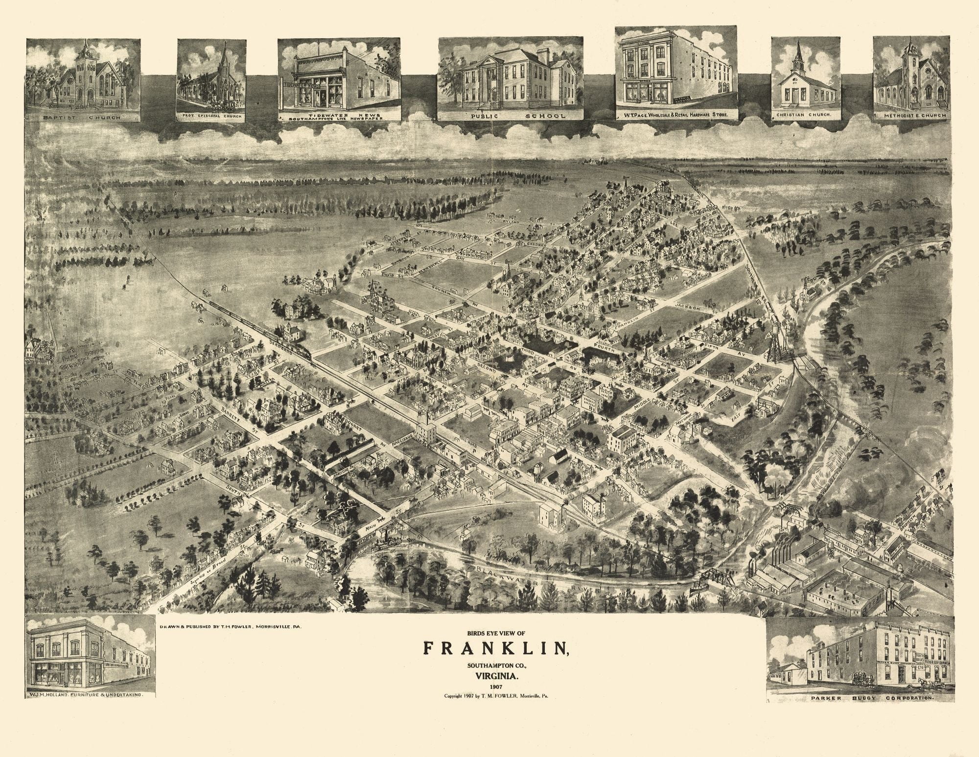 Historic Panoramic View - Franklin Virginia - Fowler 1907 - 29.76 x 23 ...