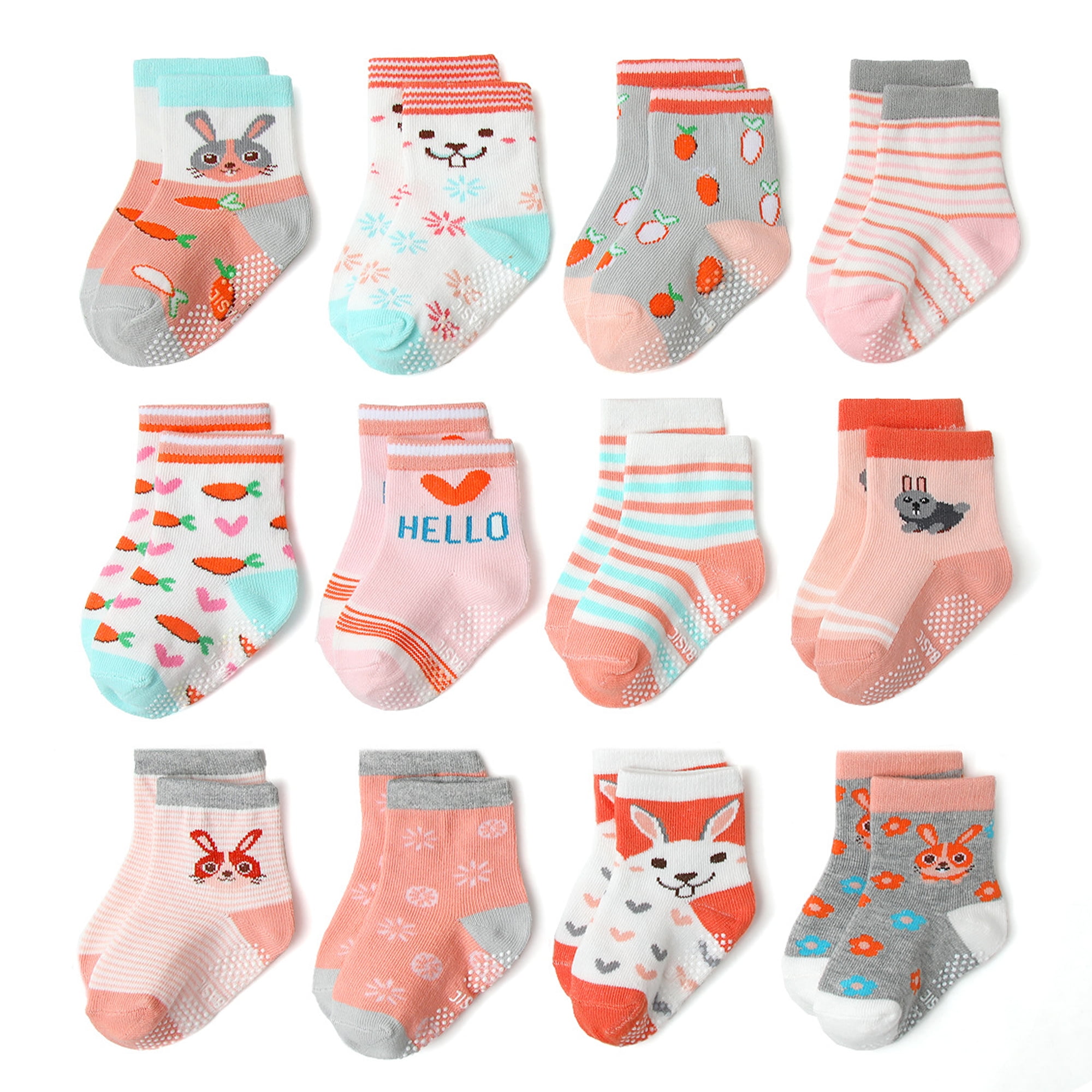 Fraobbg Baby Girls Cotton Crew Socks, 12 Pack, Elastic Grips, Cute ...