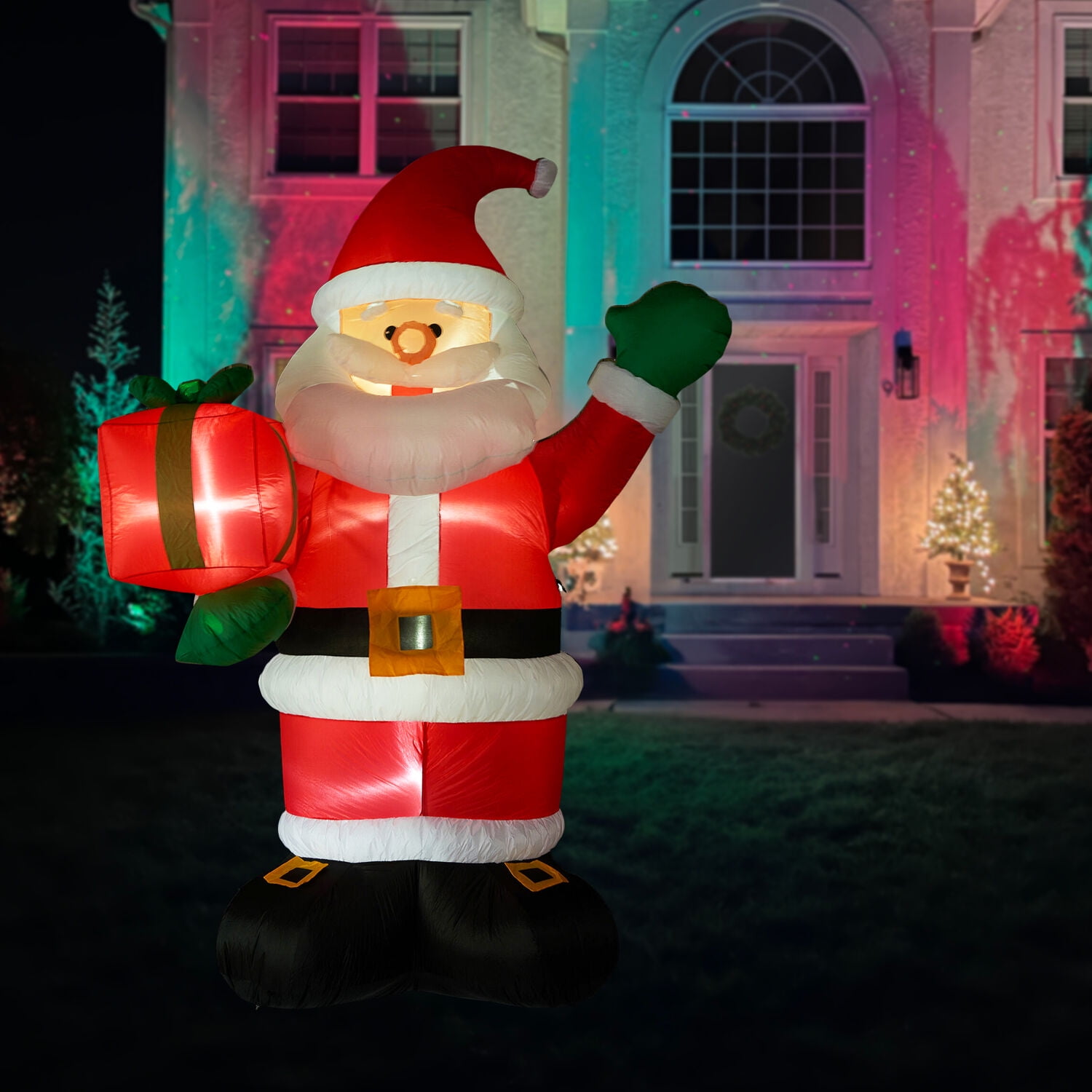 Fraser Hill Farm 10 ft Tall Santa Claus Holding Gift, Outdoor Blow-Up ...
