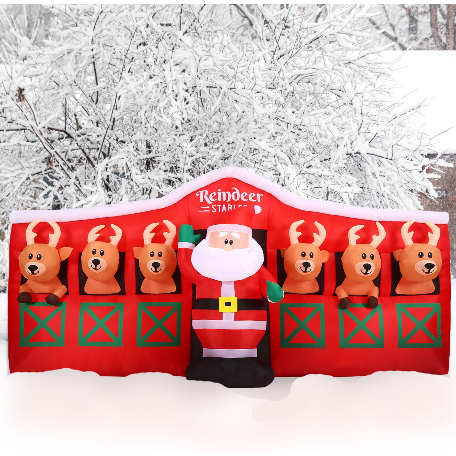 Fraser Hill Farm 4 ft Tall Pre-Lit Inflatable Santa in Reindeer Stable ...