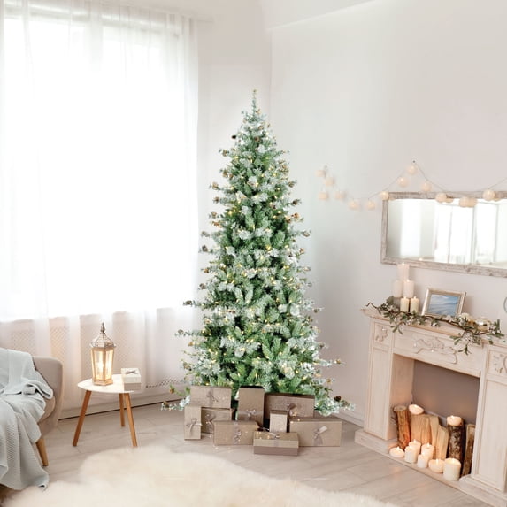 Fraser Hill Farm 6.5-Ft. Flocked Buffalo Fir Christmas Tree with Warm ...
