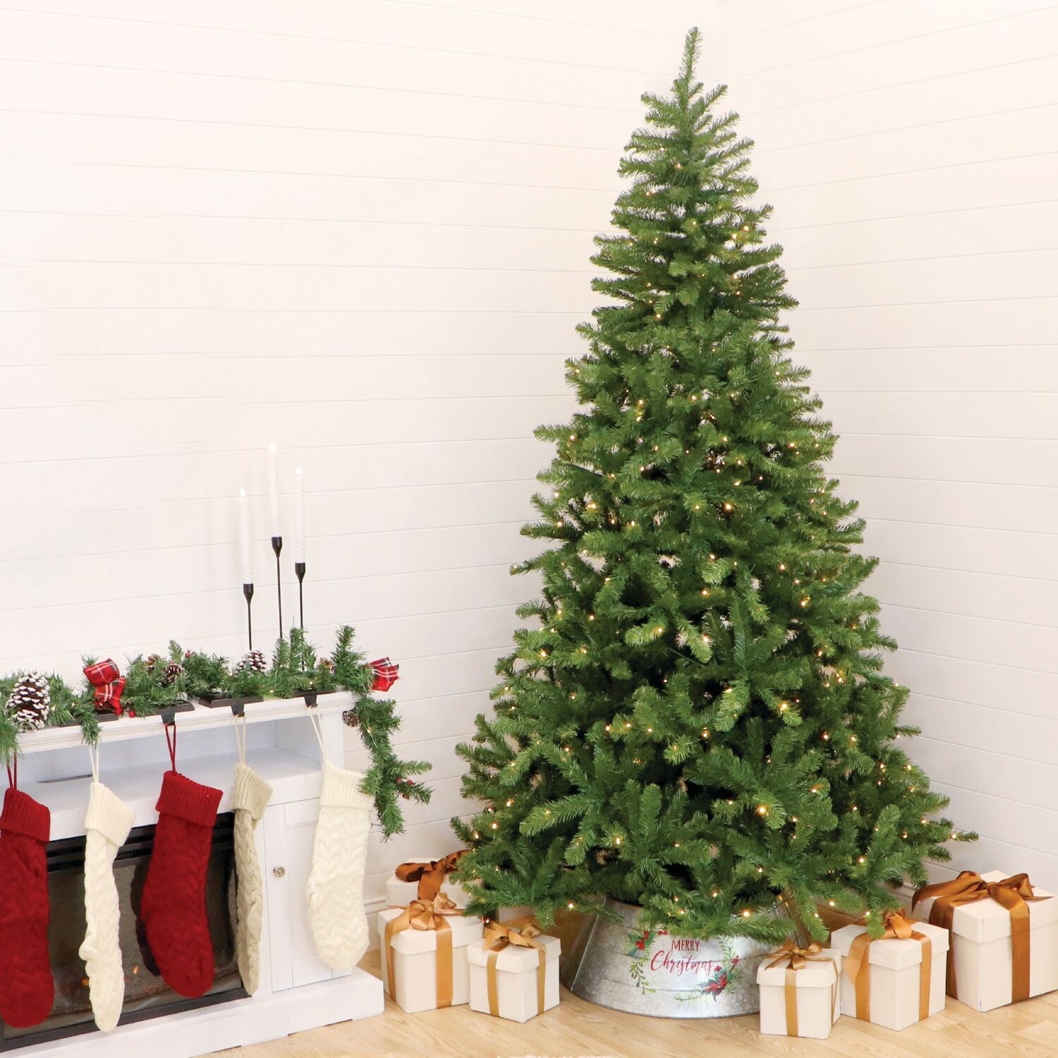 Fraser Hill Farm 7.5 ft Noel Pine Artificial Christmas Tree with Dual Multicolor & Warm White ...